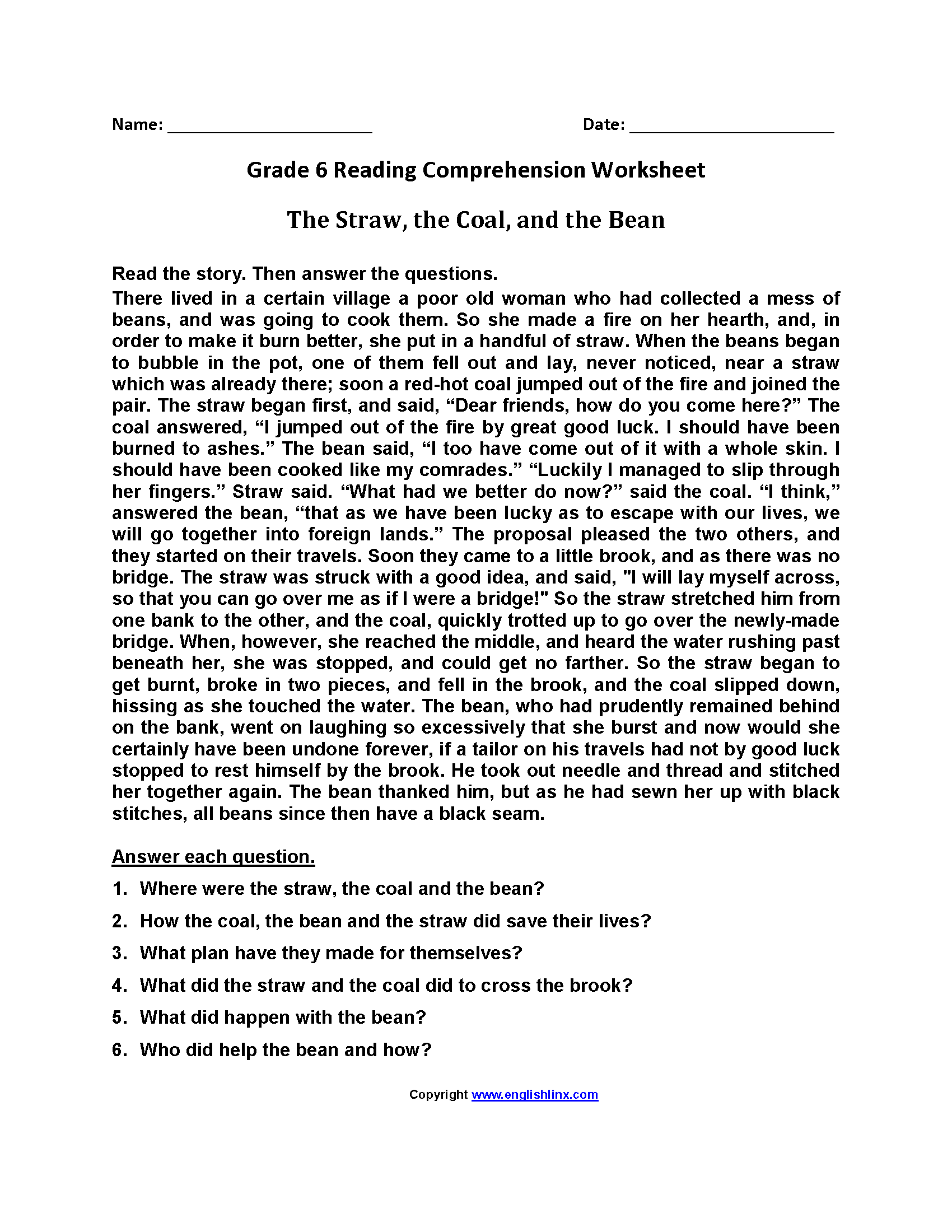 6th Grade Reading Comprehension Worksheets Pdf Breadandhearth