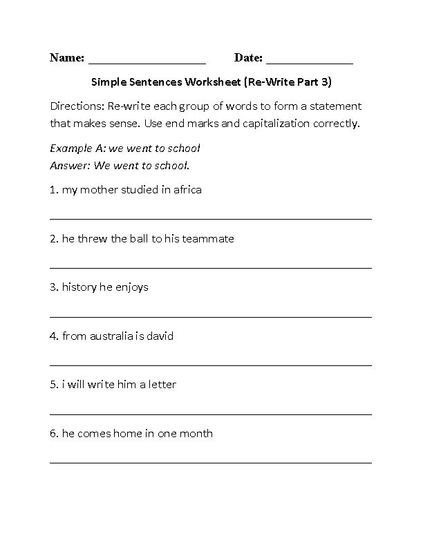 Sentences Worksheets Simple Sentences Worksheets
