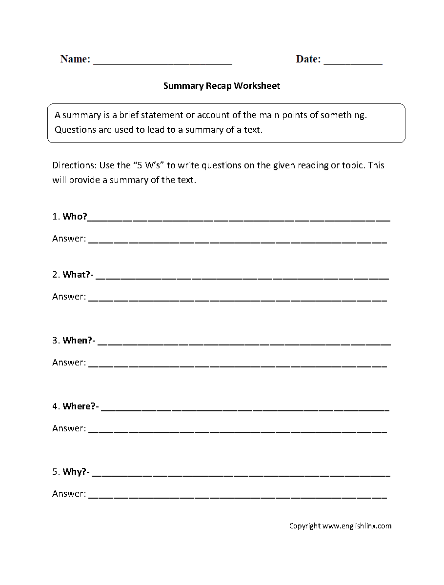 Reading Worksheets Summary Worksheets