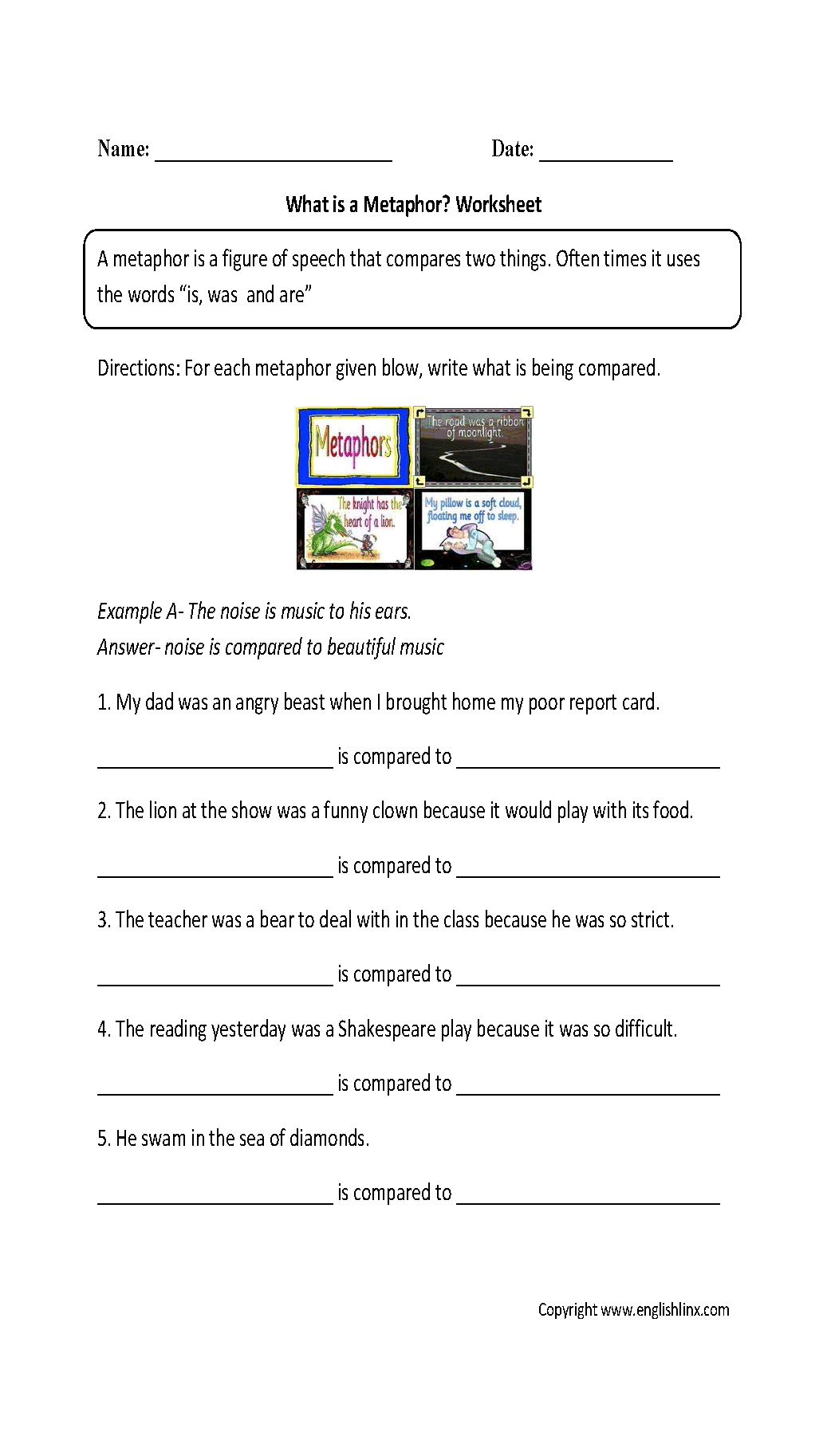 Figurative Language Worksheets Metaphor Worksheets