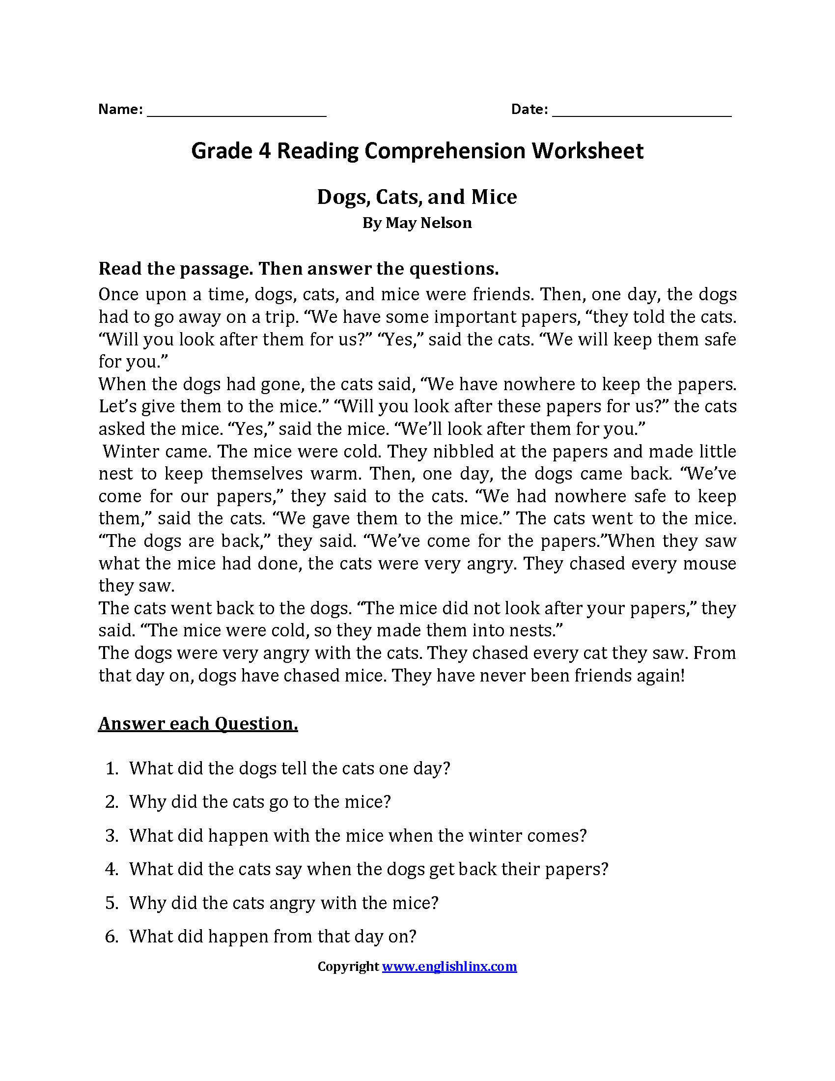 Reading Worksheets Fourth Grade Reading Worksheets