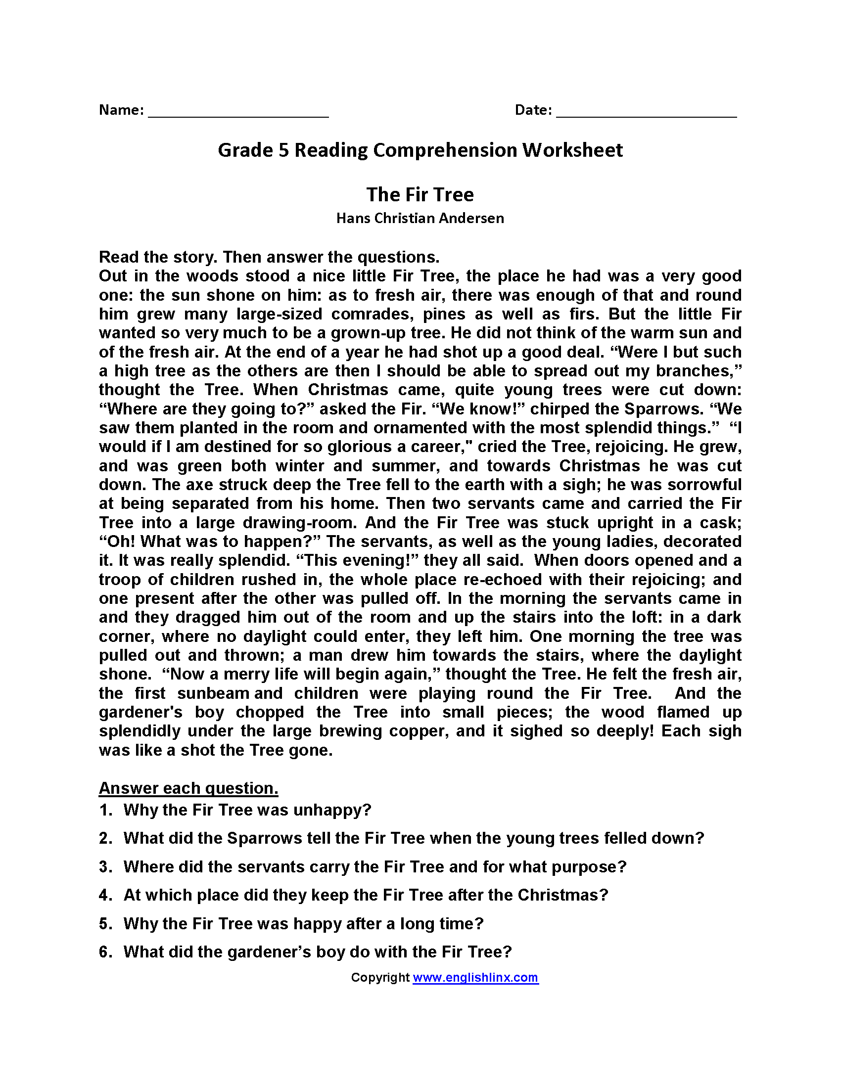 Free Printable Fifth Grade Reading Comprehension Worksheets K5 Learning 