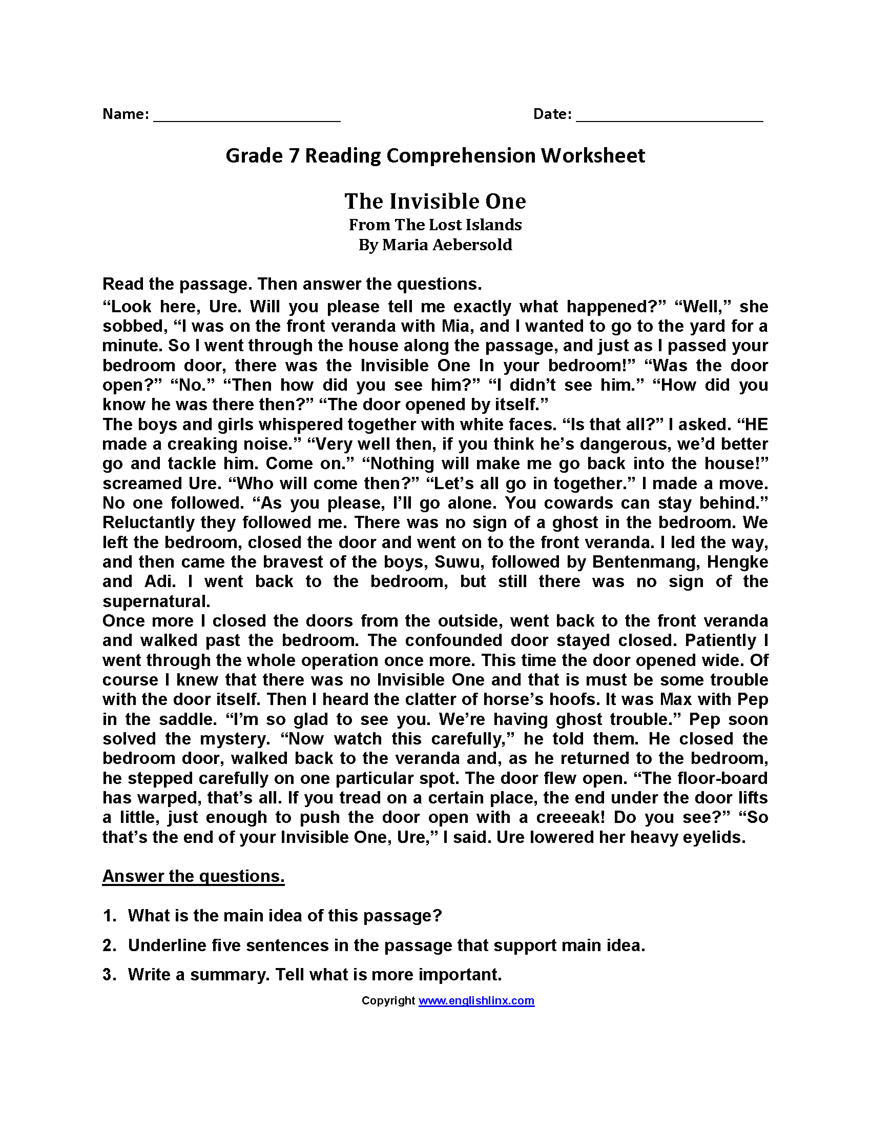 Comprehension English Worksheets Grade 7 Comprehension Online