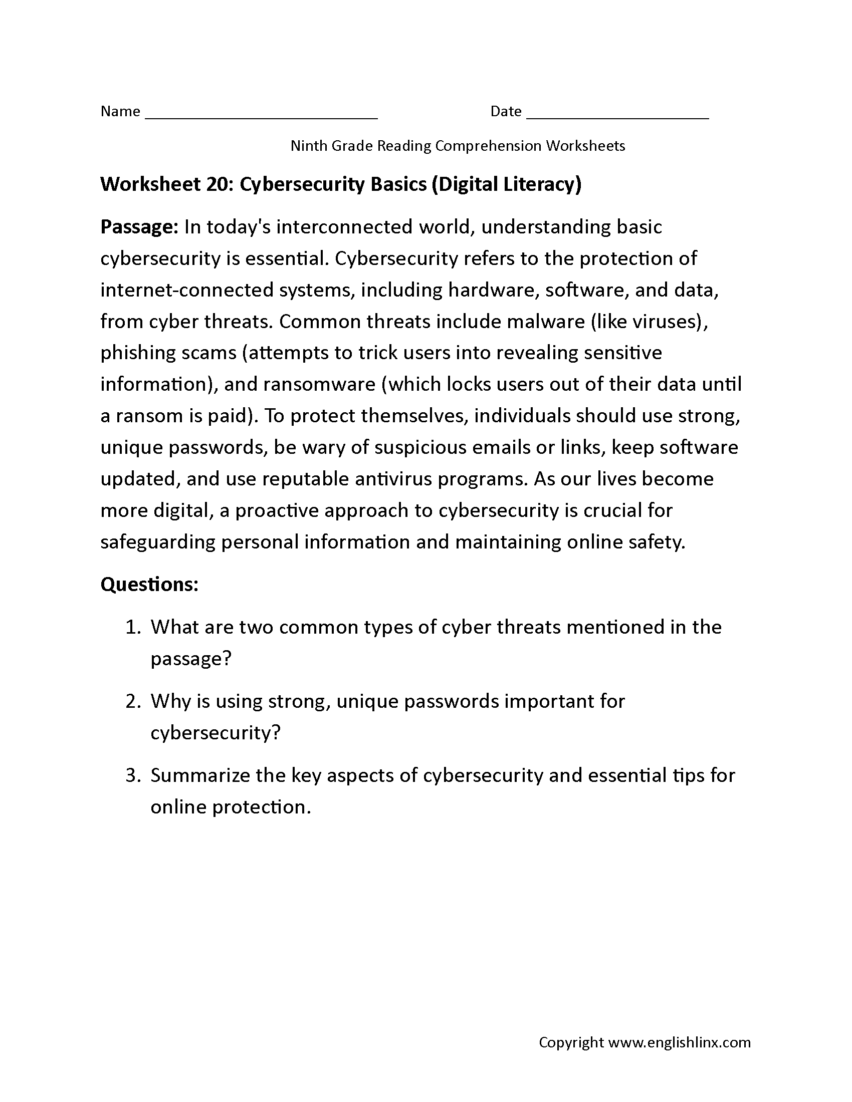 Ninth Grade Reading Worksheets | Vocabulary & Fluency Practice