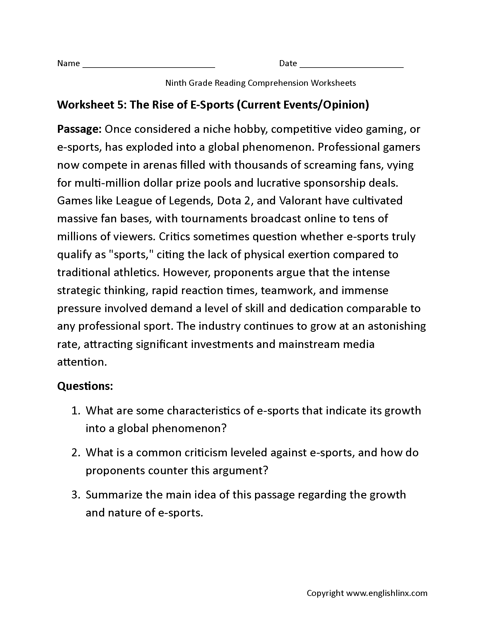 Ninth Grade Reading Worksheets | Vocabulary & Fluency Practice