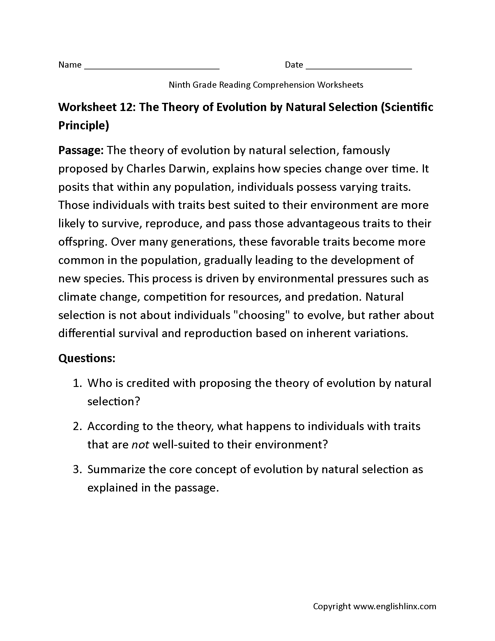 Ninth Grade Reading Worksheets | Vocabulary & Fluency Practice