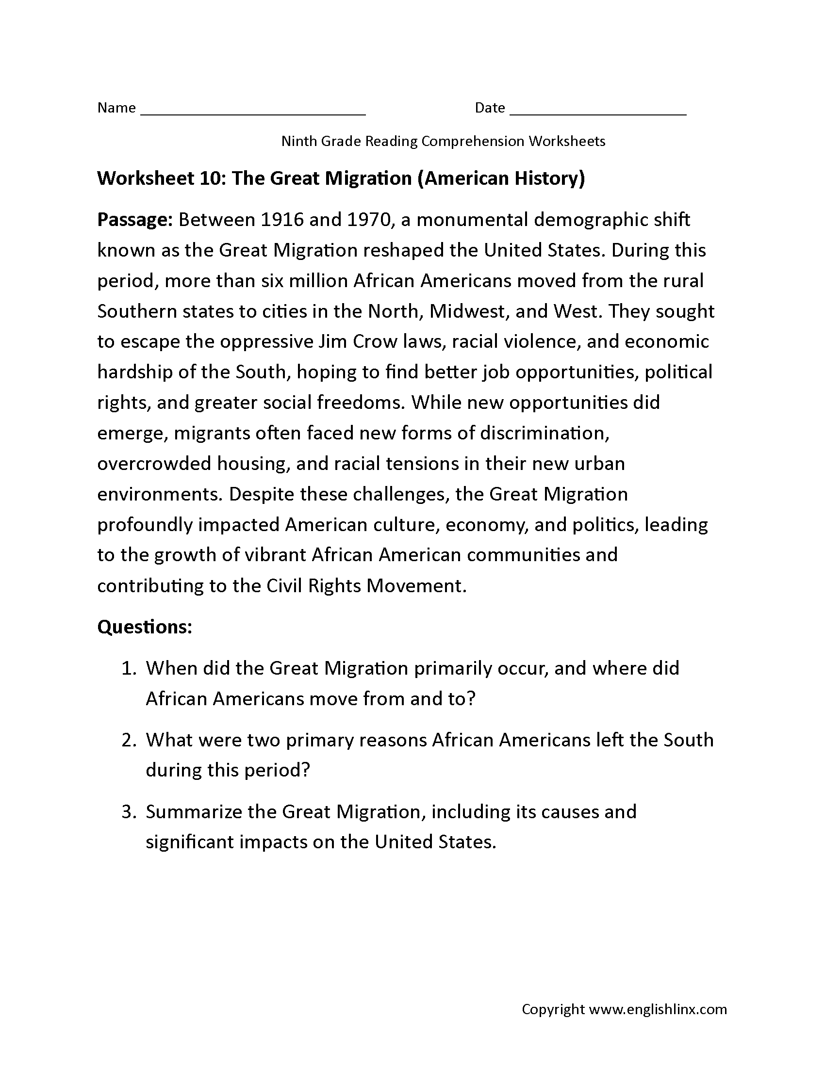 Ninth Grade Reading Worksheets | Vocabulary & Fluency Practice