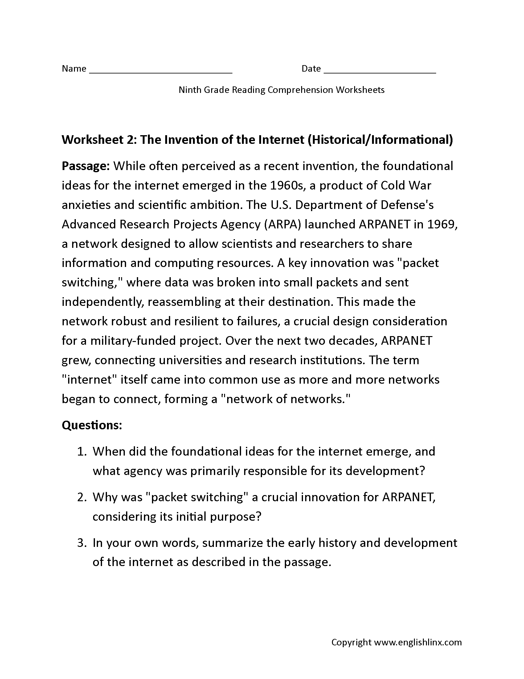 Ninth Grade Reading Worksheets | Vocabulary & Fluency Practice