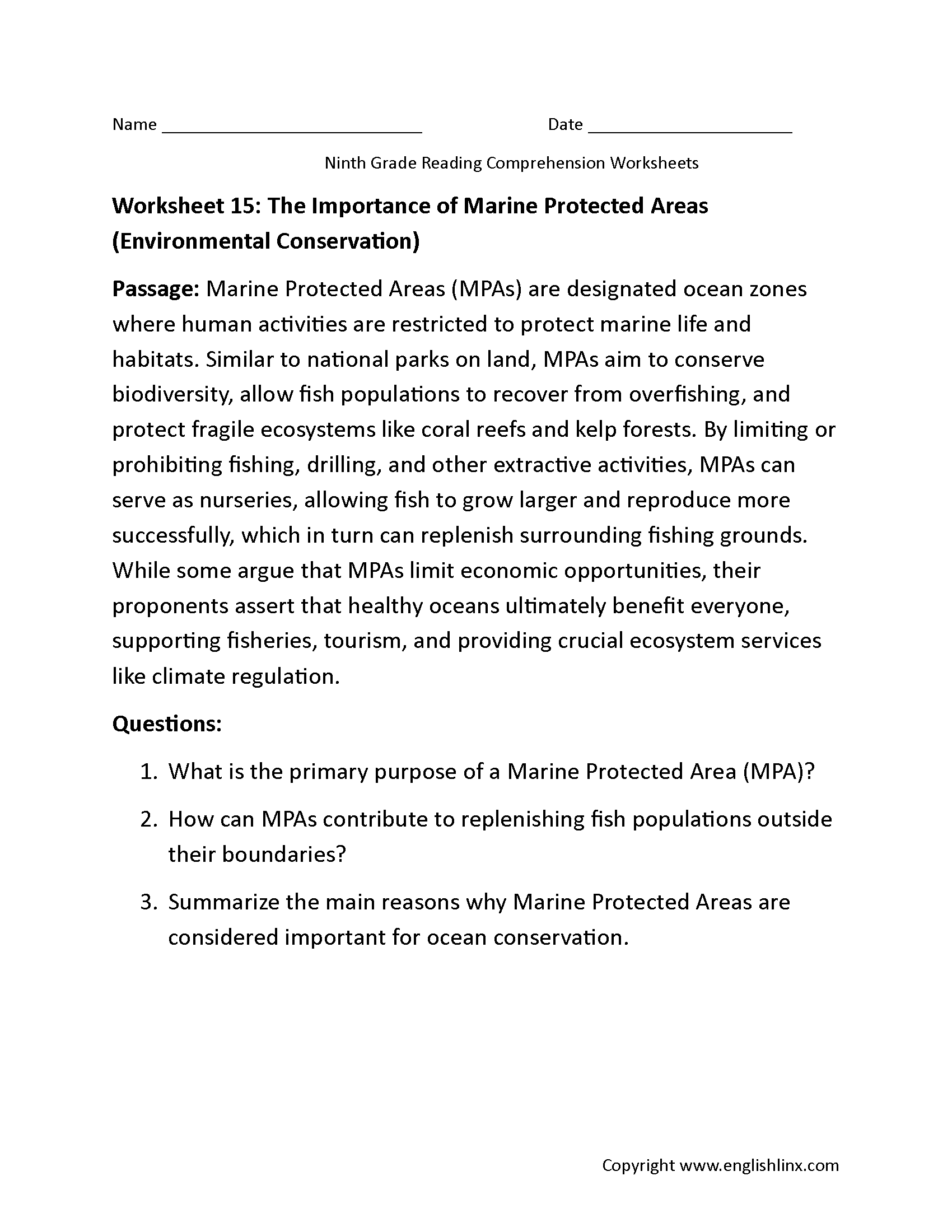 Ninth Grade Reading Worksheets | Vocabulary & Fluency Practice