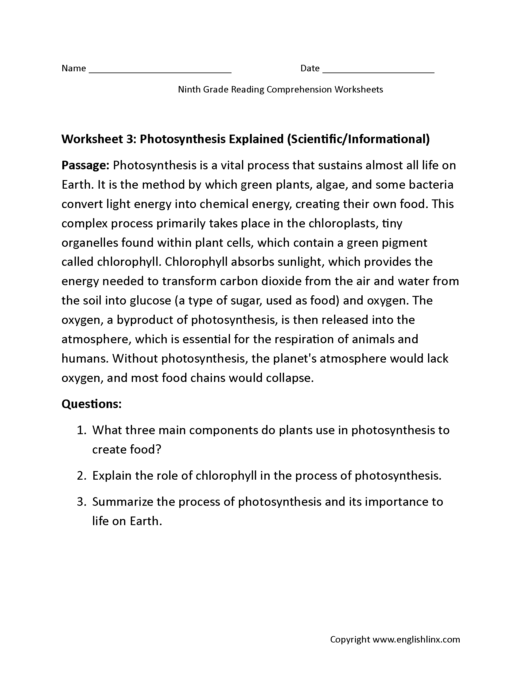 Ninth Grade Reading Worksheets | Vocabulary & Fluency Practice