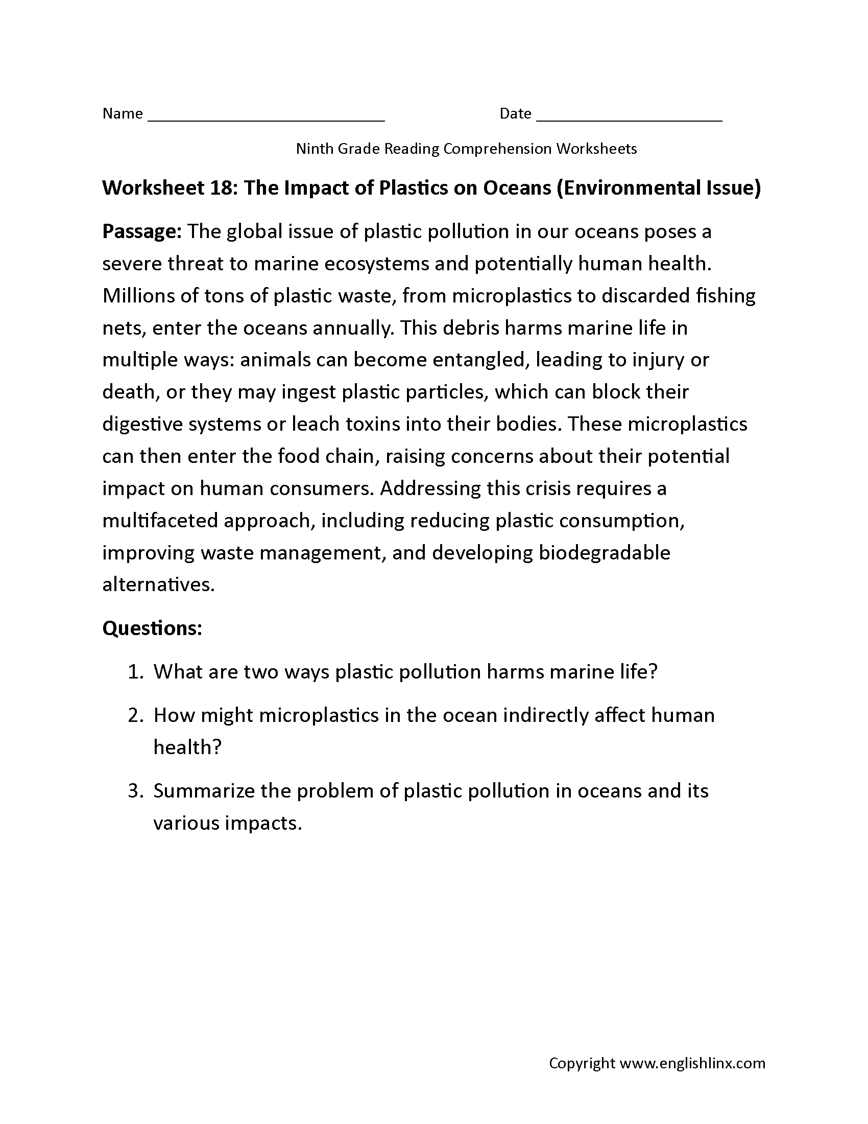 Ninth Grade Reading Worksheets | Vocabulary & Fluency Practice