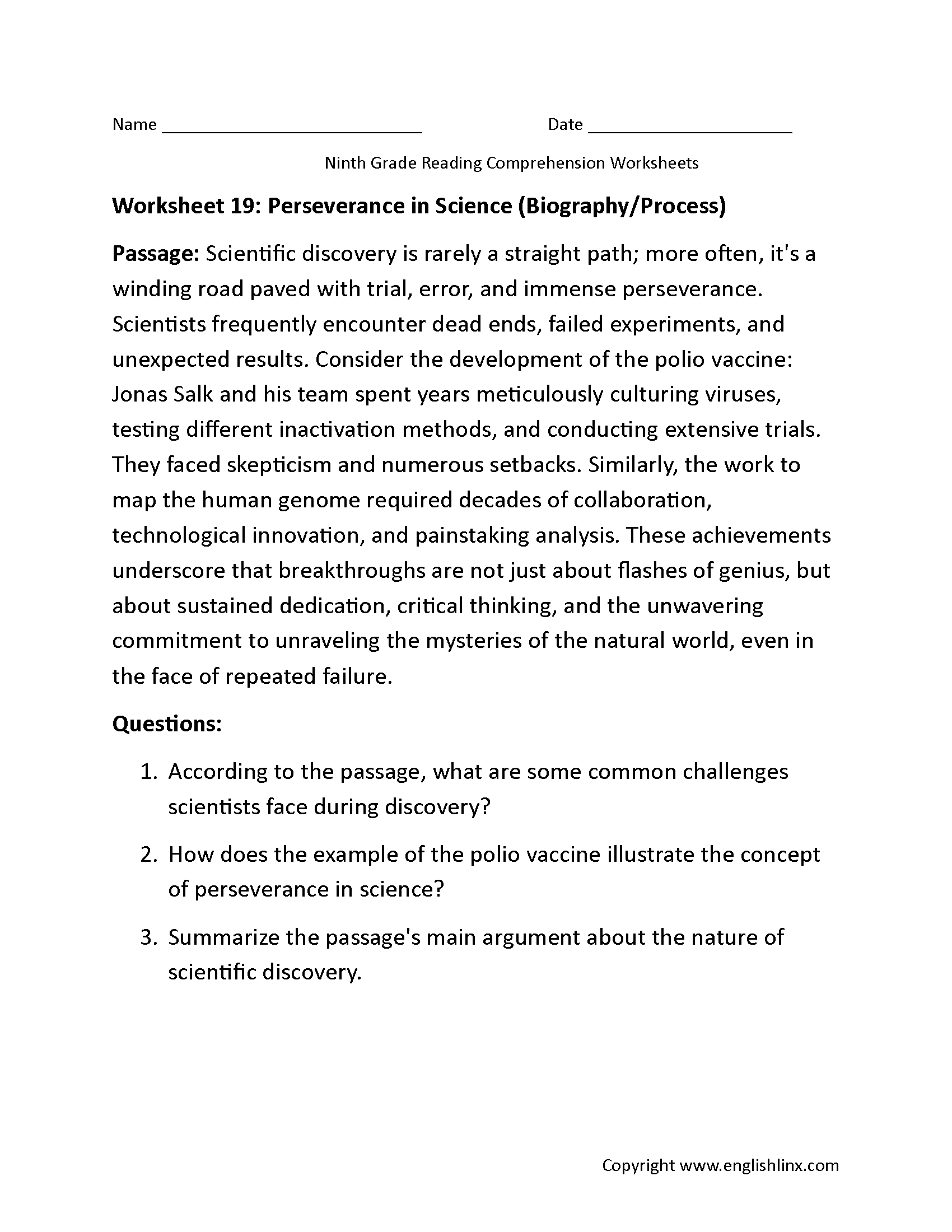 Ninth Grade Reading Worksheets | Vocabulary & Fluency Practice