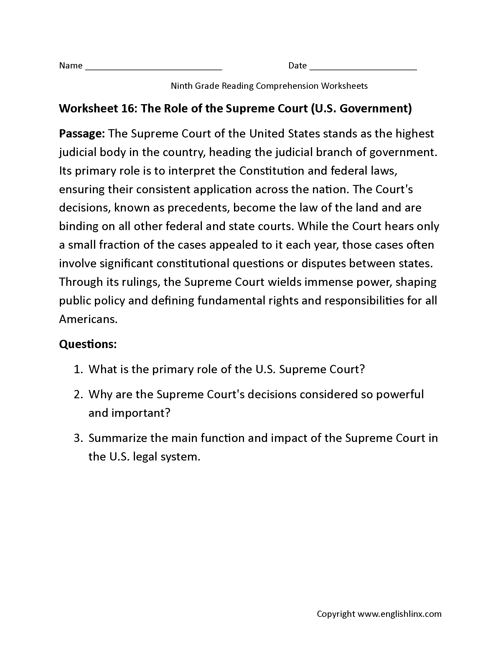 Ninth Grade Reading Worksheets | Vocabulary & Fluency Practice