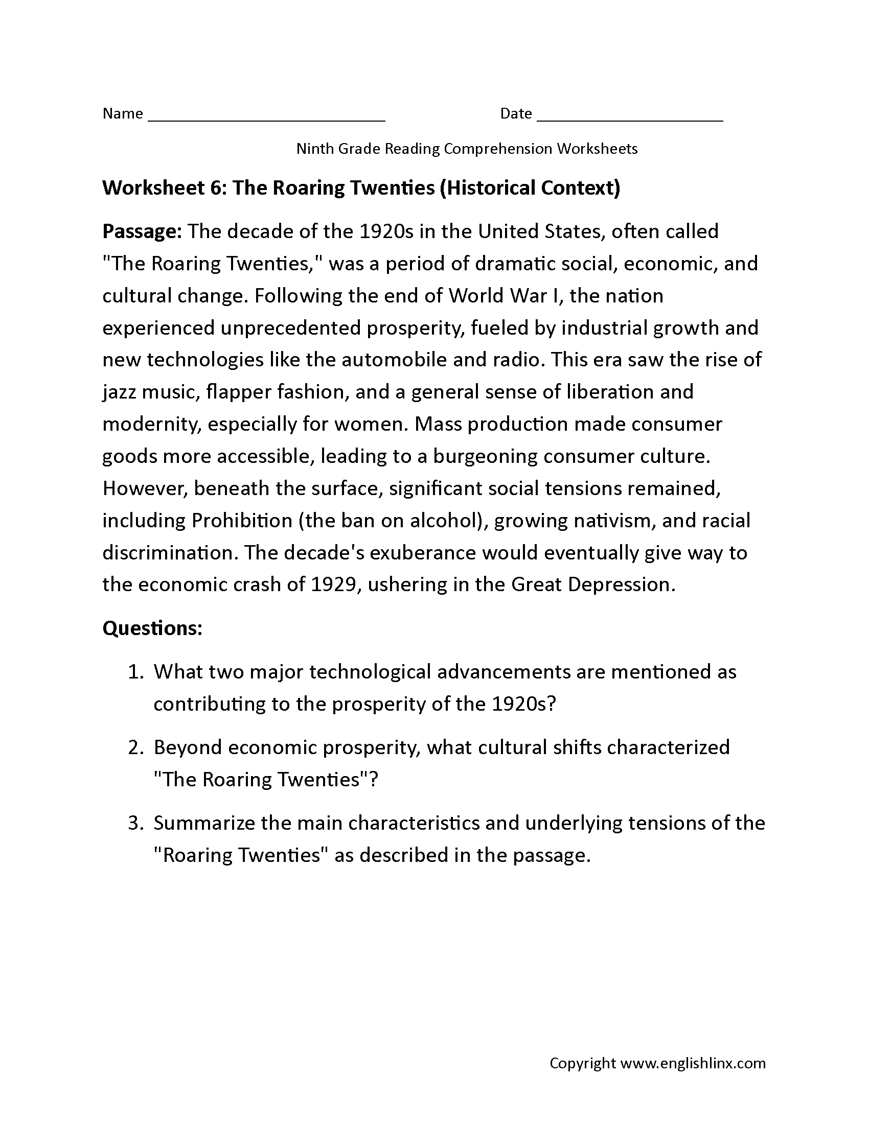 Ninth Grade Reading Worksheets | Vocabulary & Fluency Practice