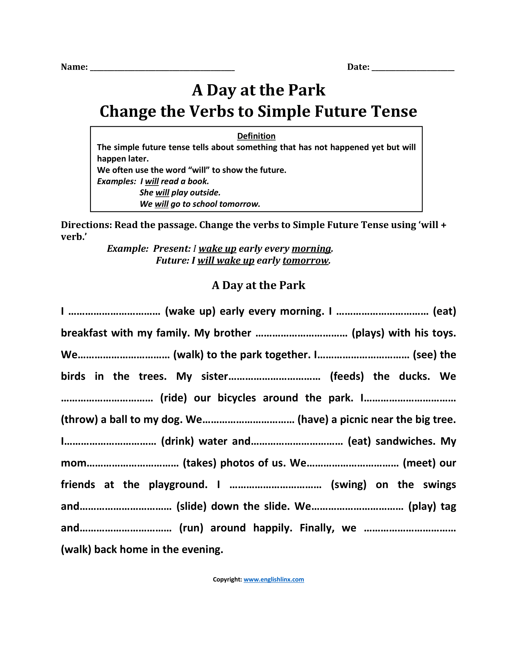 Day at Park Simple Future Tense Worksheets