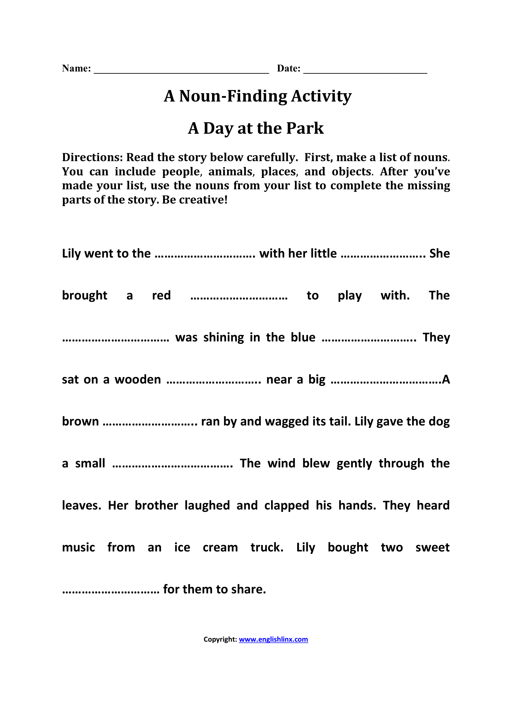 4th Grade Writing Worksheets | A Noun-Finding Activity