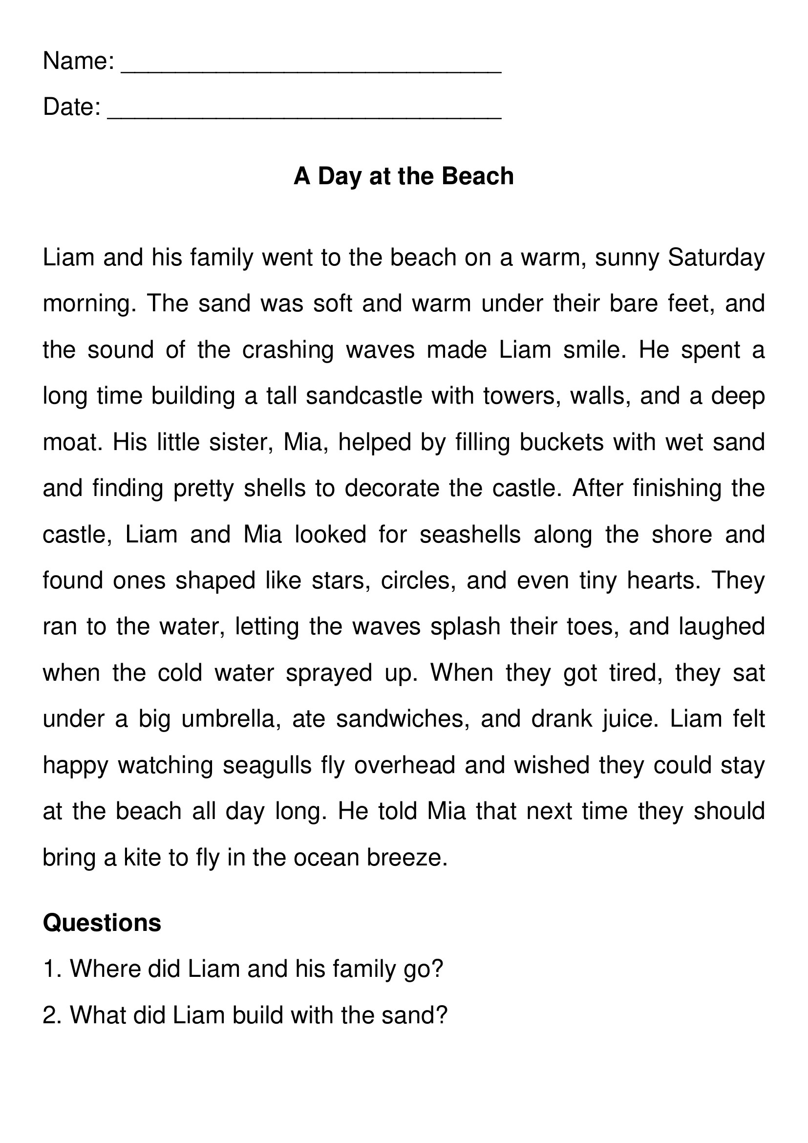 A Day at the Beach First Grade Reading Comprehension Worksheets