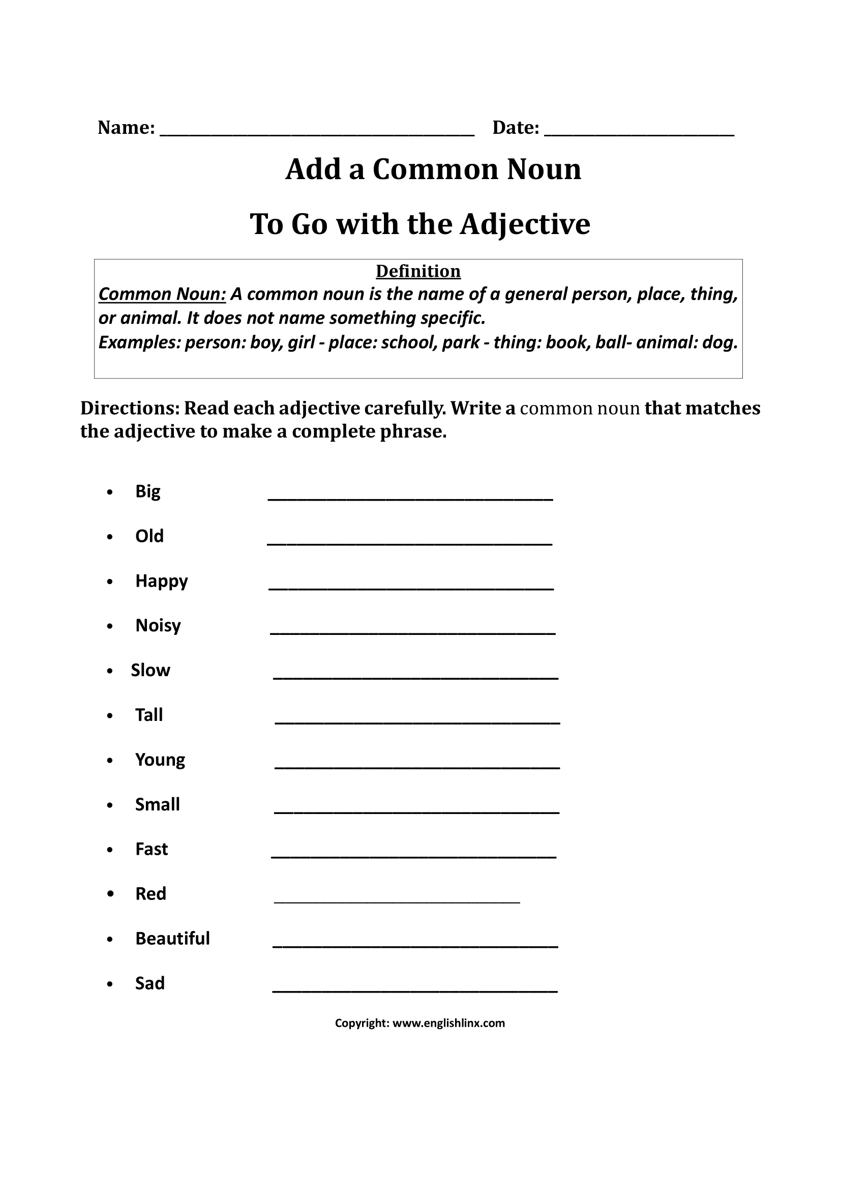 Common Noun Worksheets | Add a Common Noun to Go with the Adjective ...