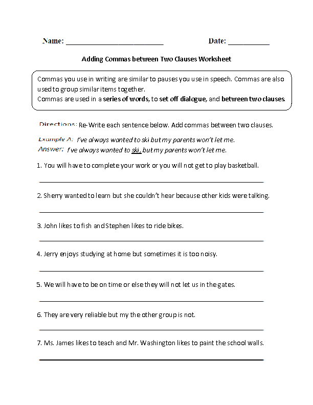 Commas Worksheets Adding Commas Between Two Clauses Worksheet