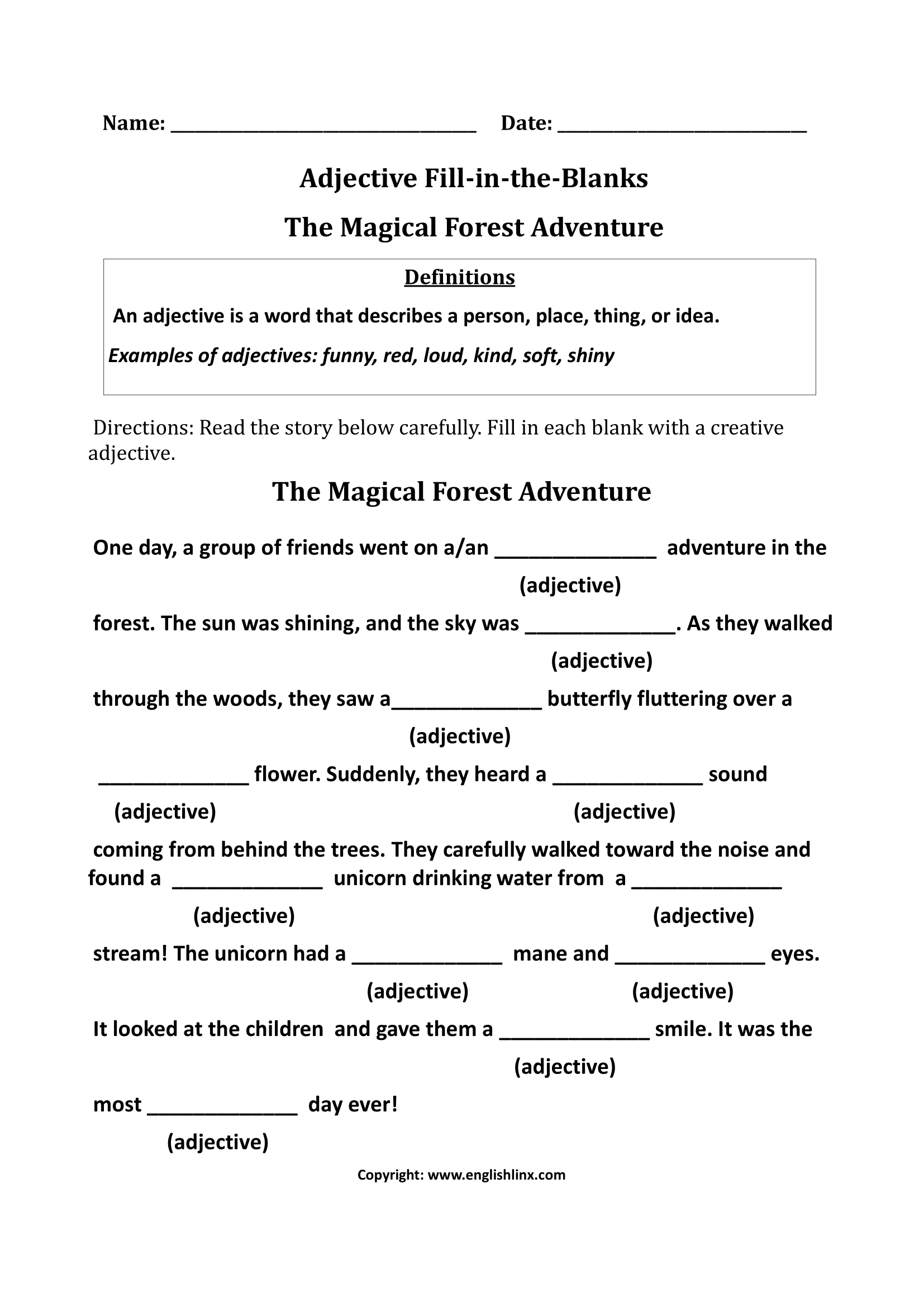 4th Grade Writing Worksheets | Adjective Fill in the Blanks