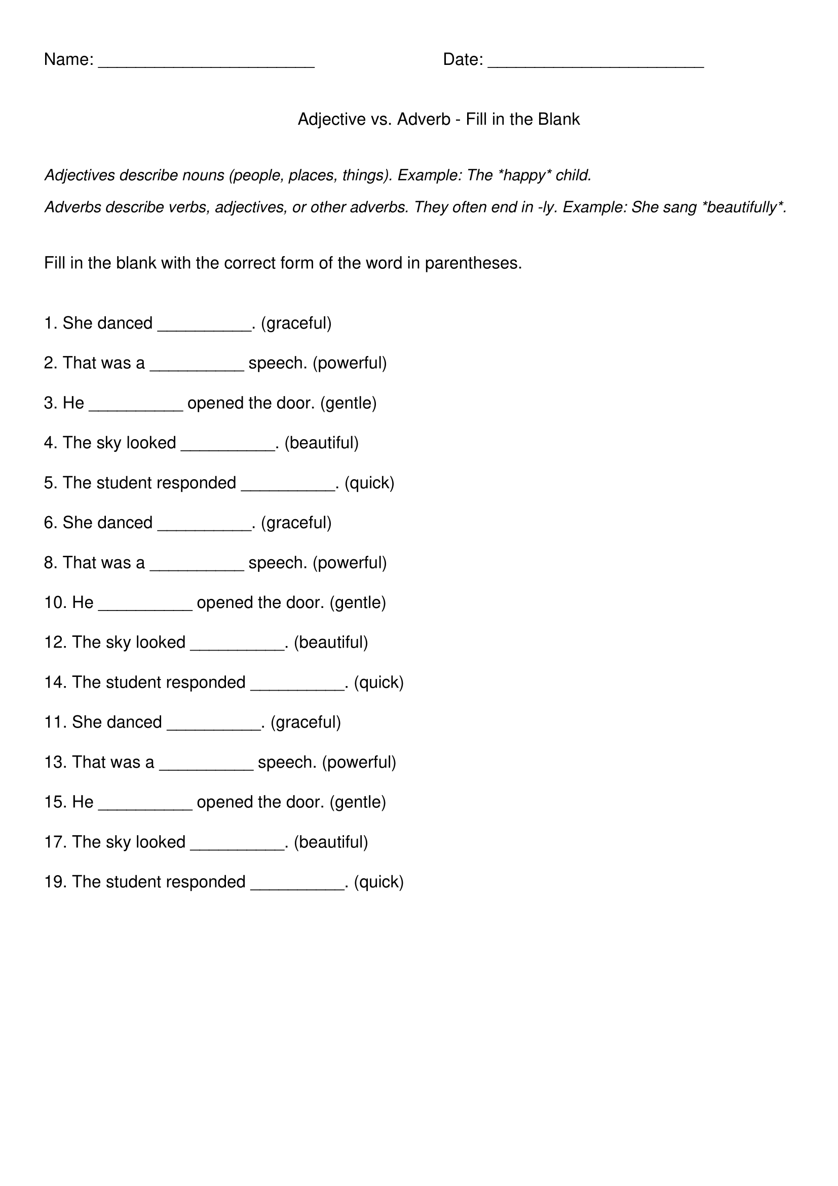 Adverbs Worksheets | Adverbs vs Adjectives Worksheets