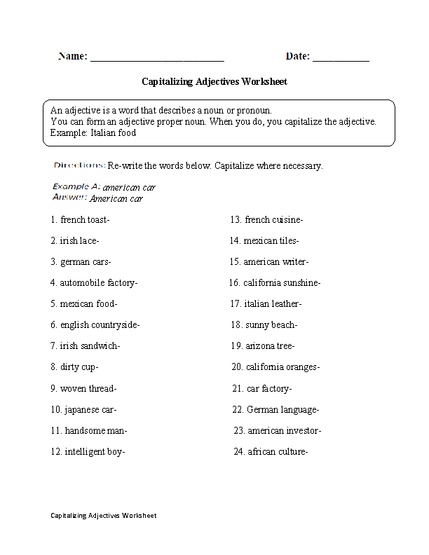 Regular Adjectives Worksheets Capitalizing Adjectives Worksheet