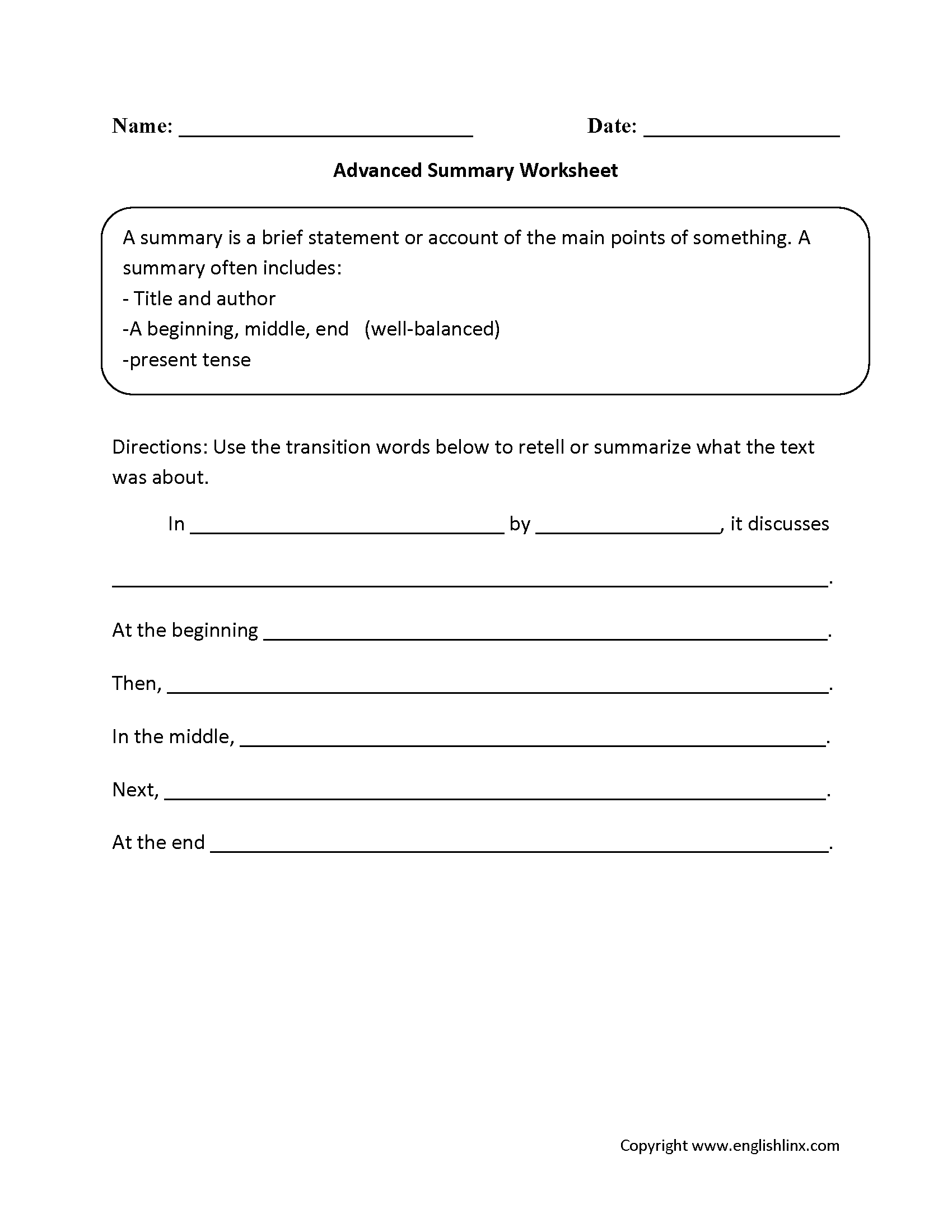 Summary Worksheets Advanced Summary Worksheets