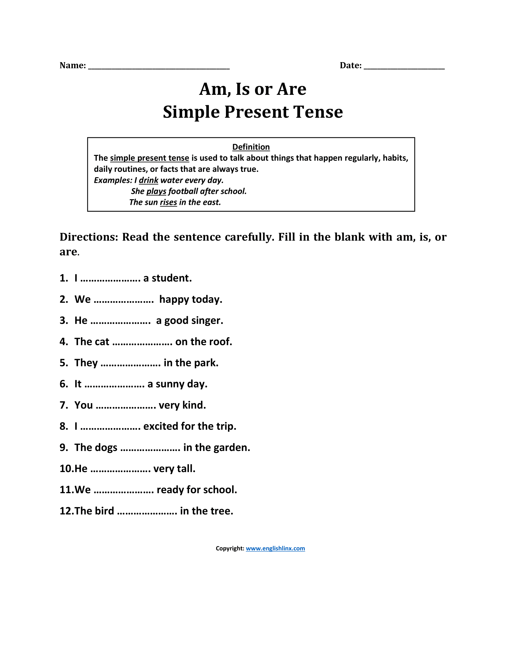 Am Is or Are Simple Present Tense Worksheet