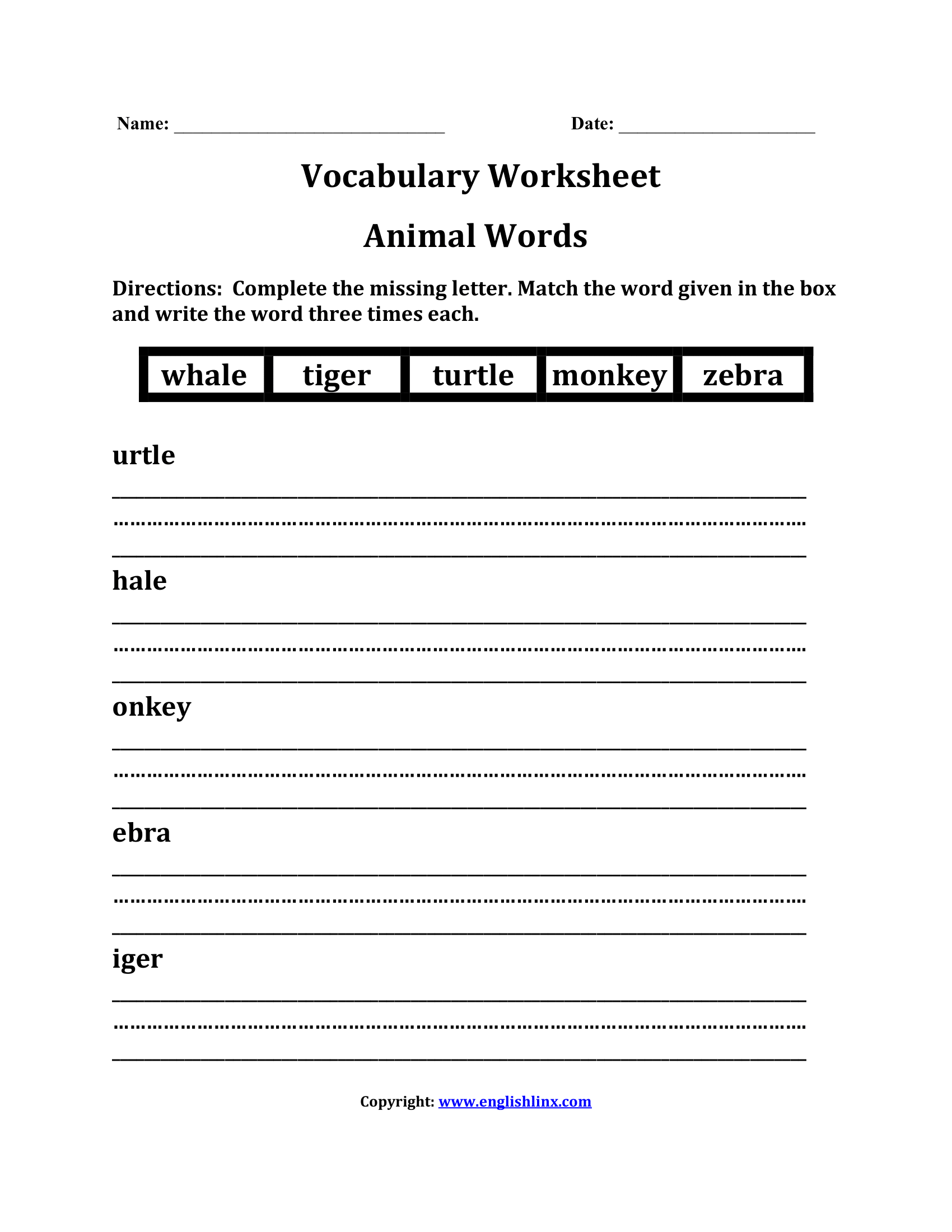 Animal Words | Kindergarten Vocabulary Worksheet