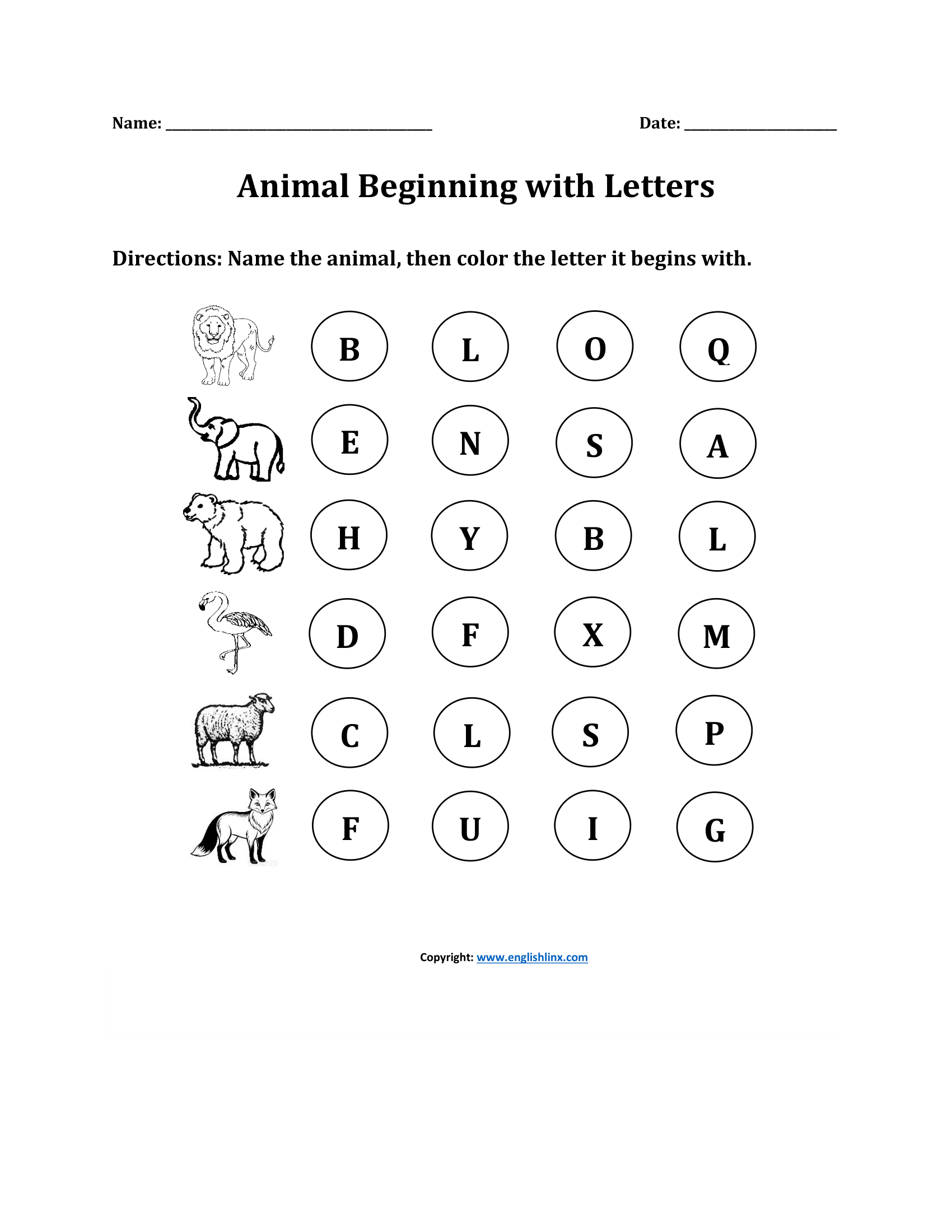 Phonics Worksheets for Preschool | Animal Beginning with Letters Worksheet