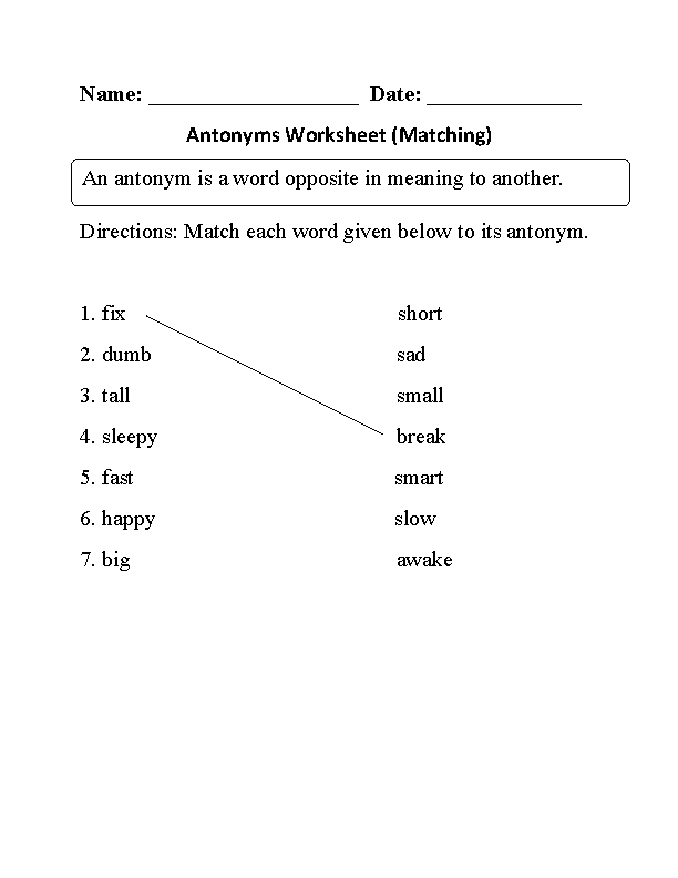 Antonyms Worksheets Matching Antonyms Worksheet
