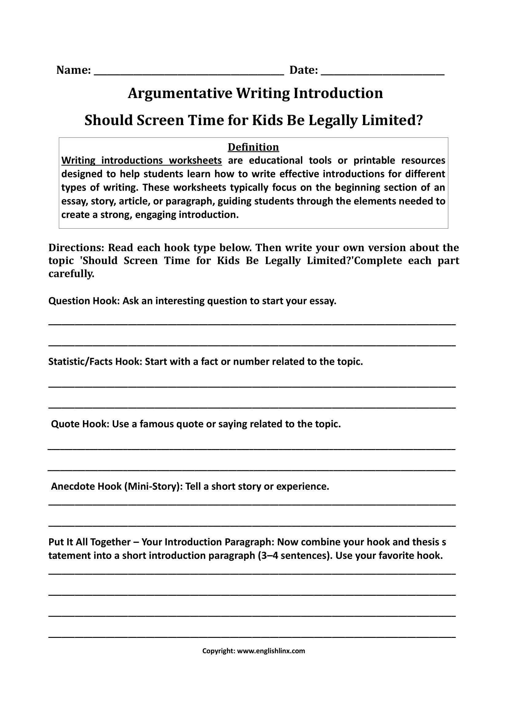 Writing Introductions Worksheets | Should Screen Time for Kids Be ...