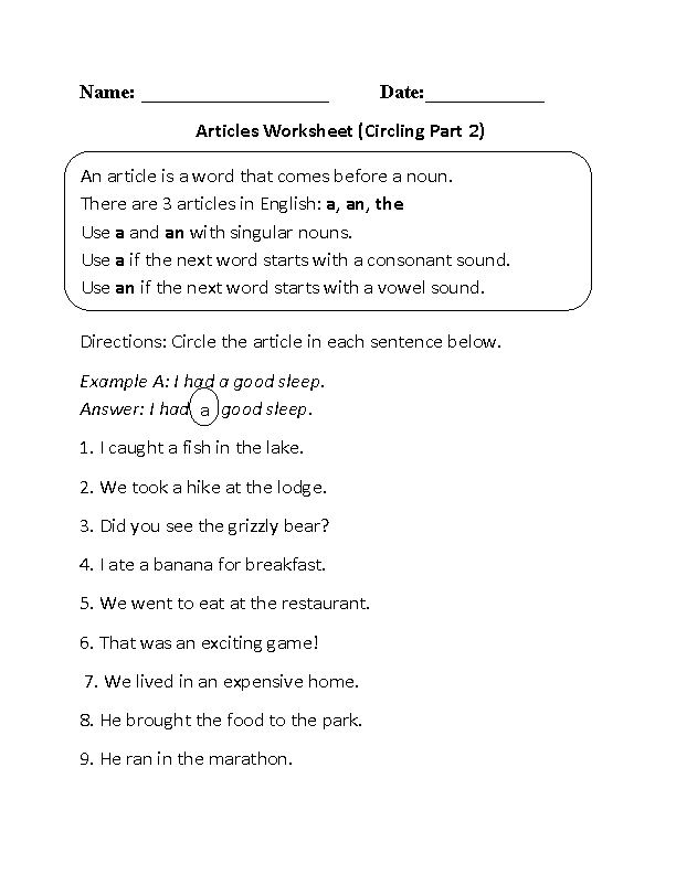 Articles Worksheets For Grade 1