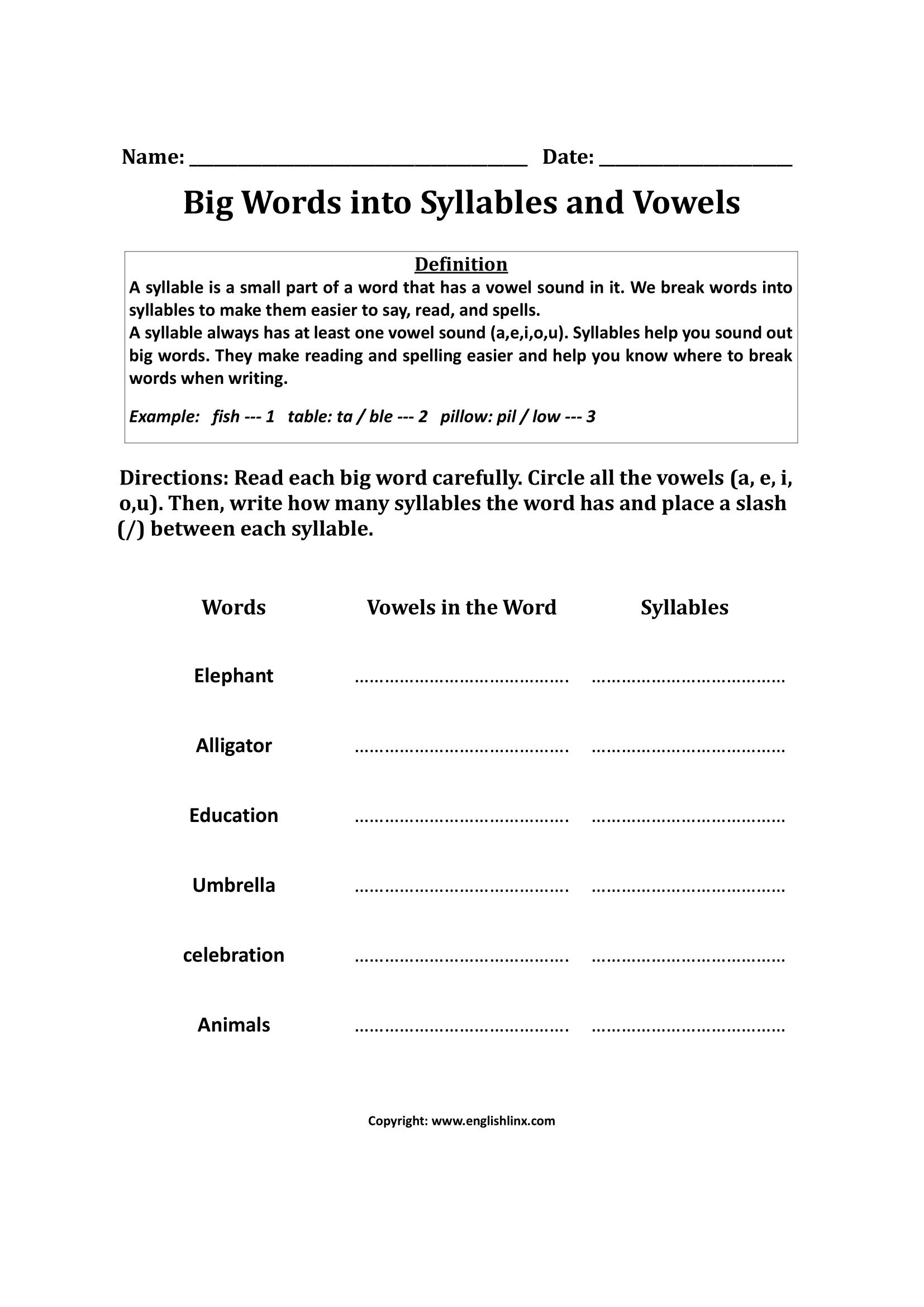 Englishlinx.com | Syllables Worksheets