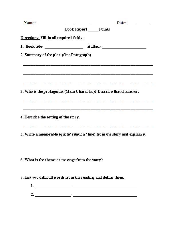 7Th Grade Book Report Template Collection