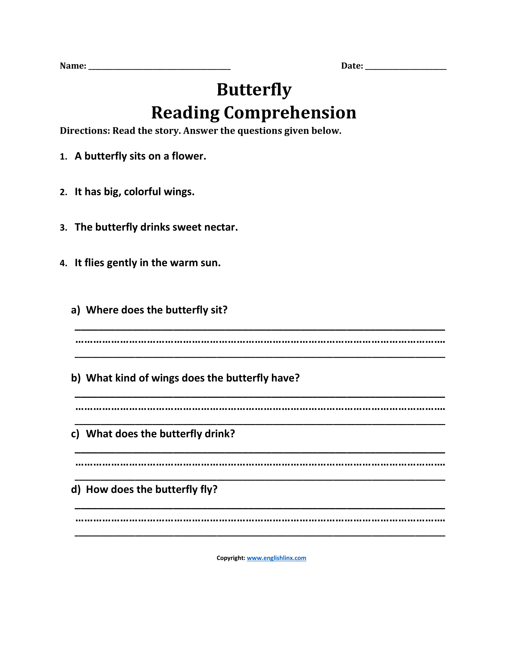 Kindergarten Writing Worksheets | Butterfly Reading Comprehension