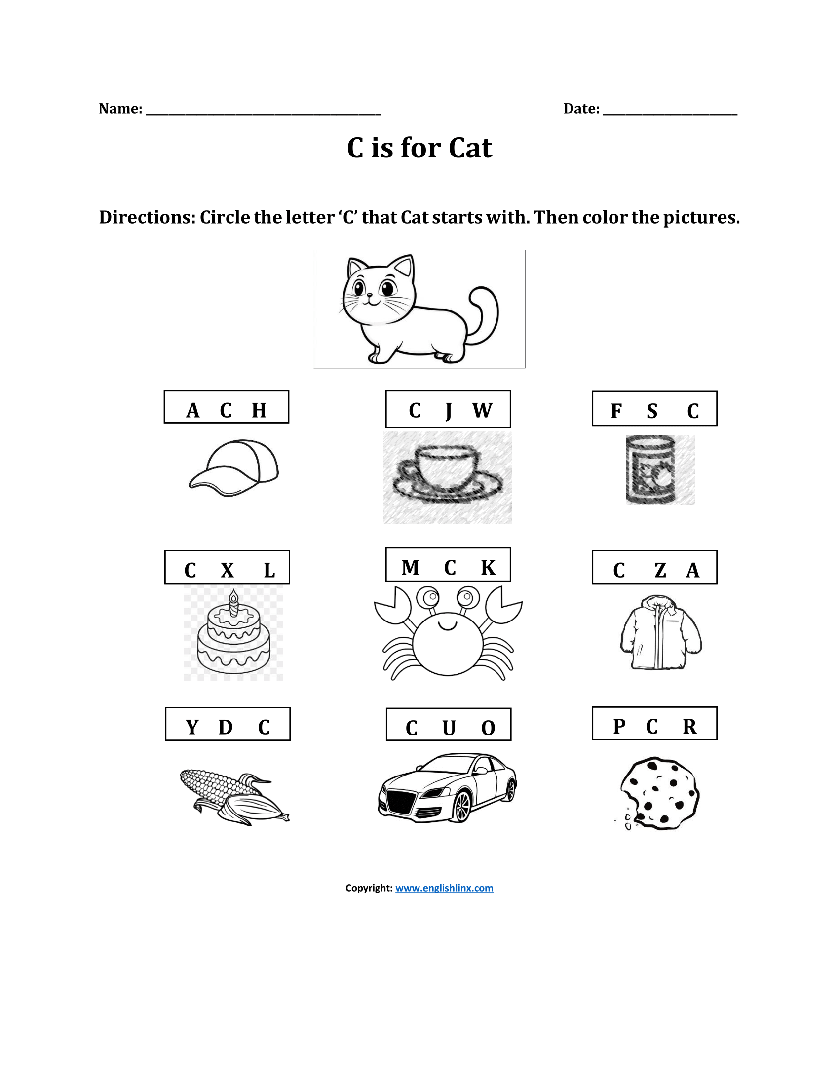 Phonics Worksheets for Preschool | C is for Cat Worksheet