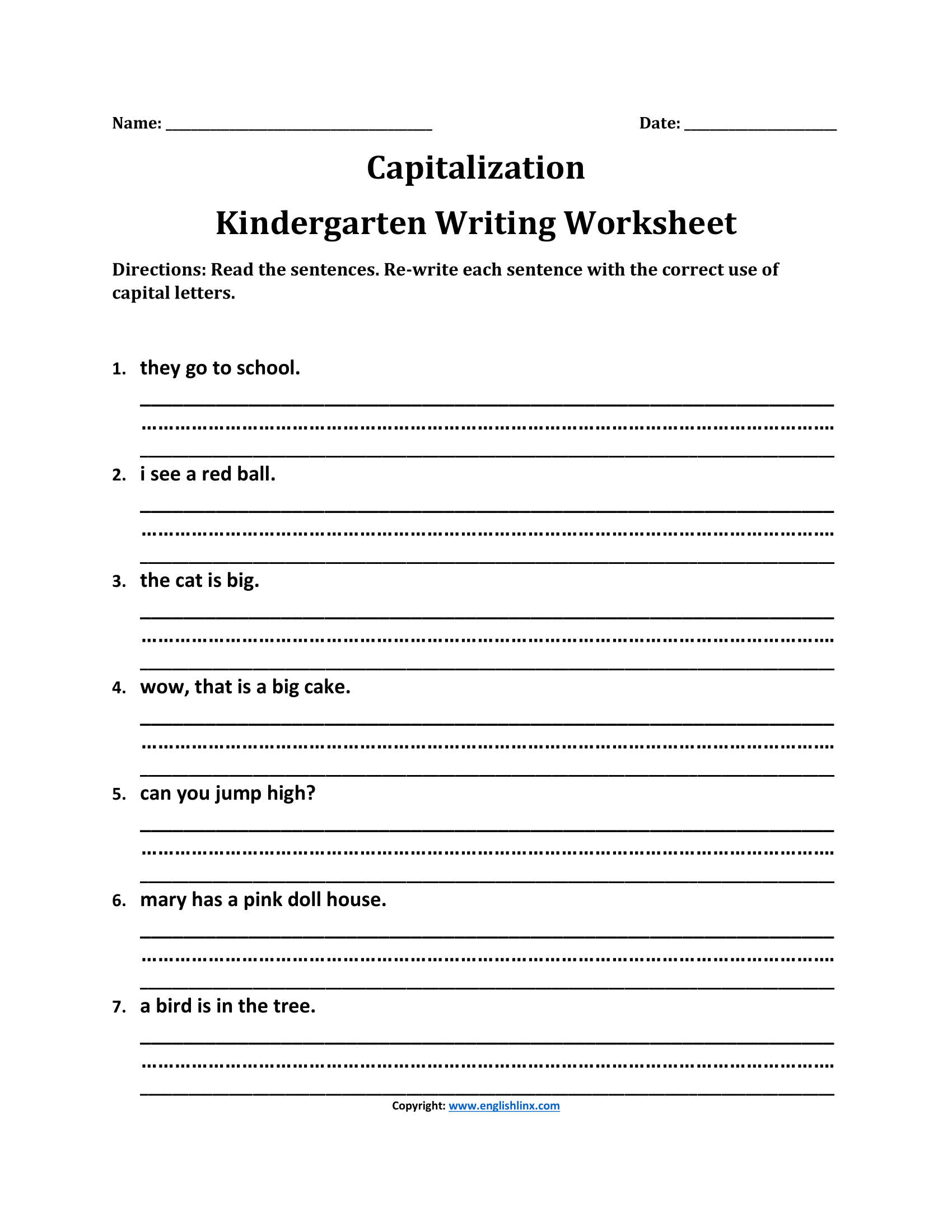 Kindergarten Writing Worksheets | Capitalization Worksheet