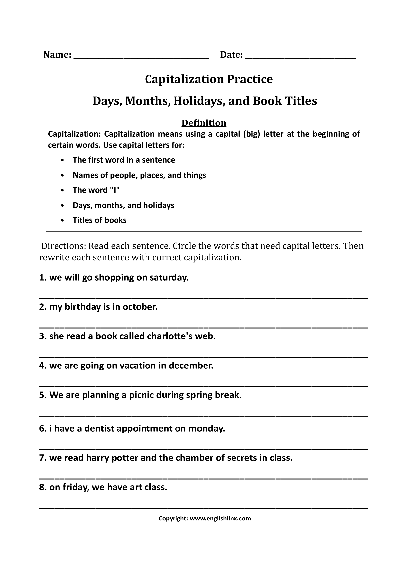 4th Grade Writing Worksheets | Capitalization Practice