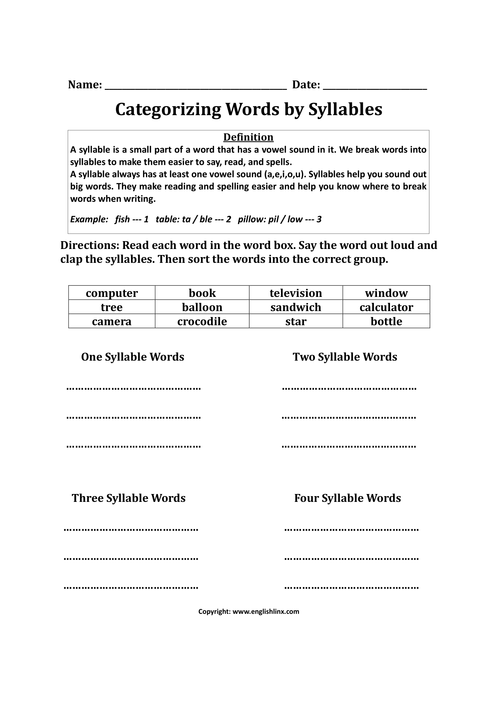 Englishlinx.com | Syllables Worksheets