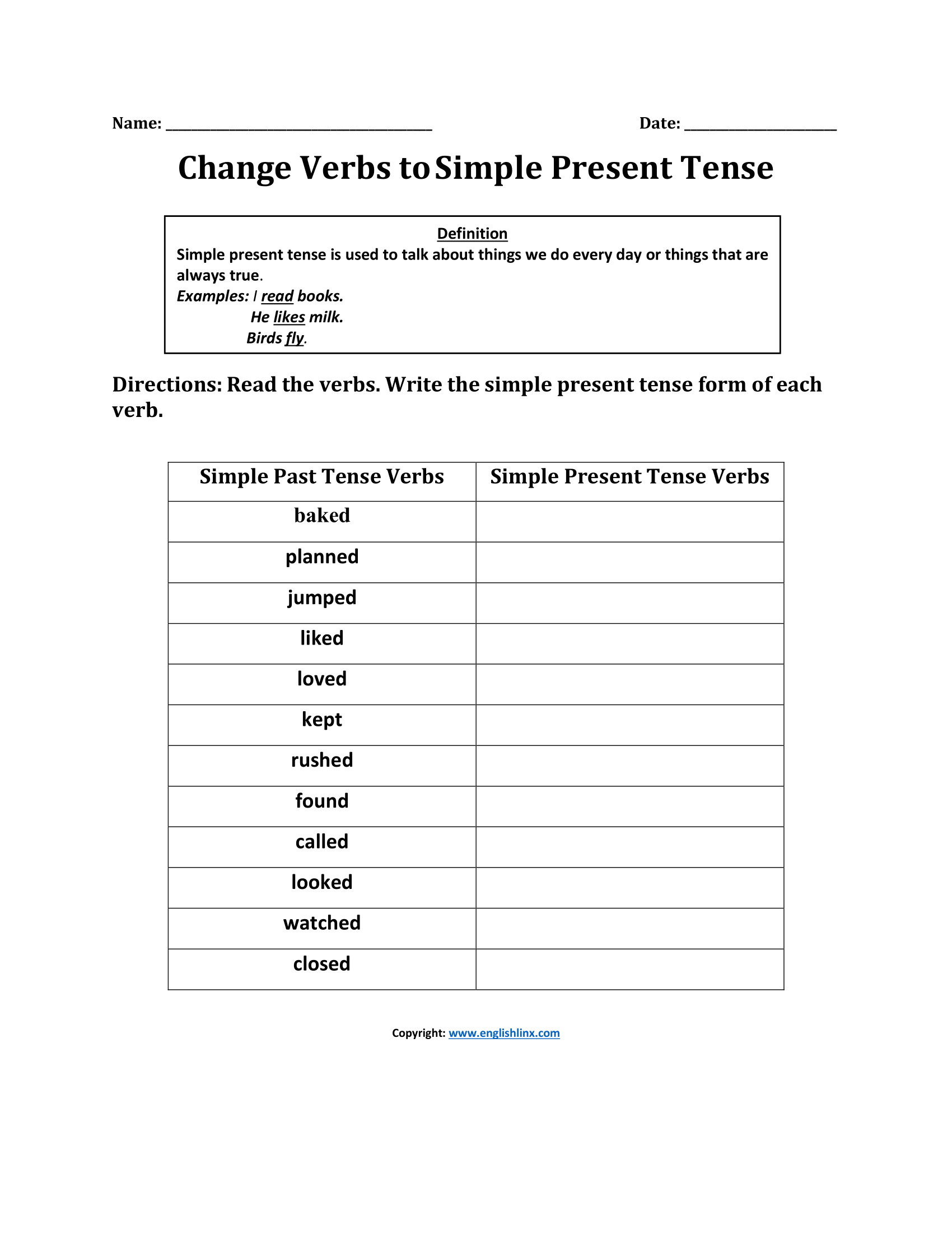 Change Verbs to Simple Present Tense Worksheet