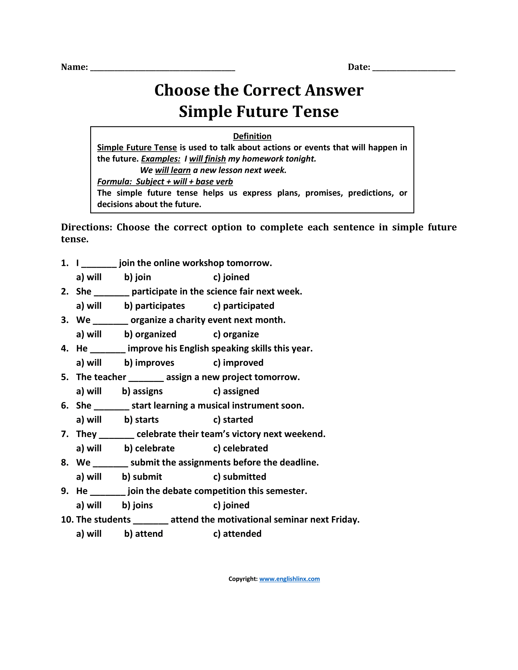 Choose Correct Answer Simple Future Tense Worksheets