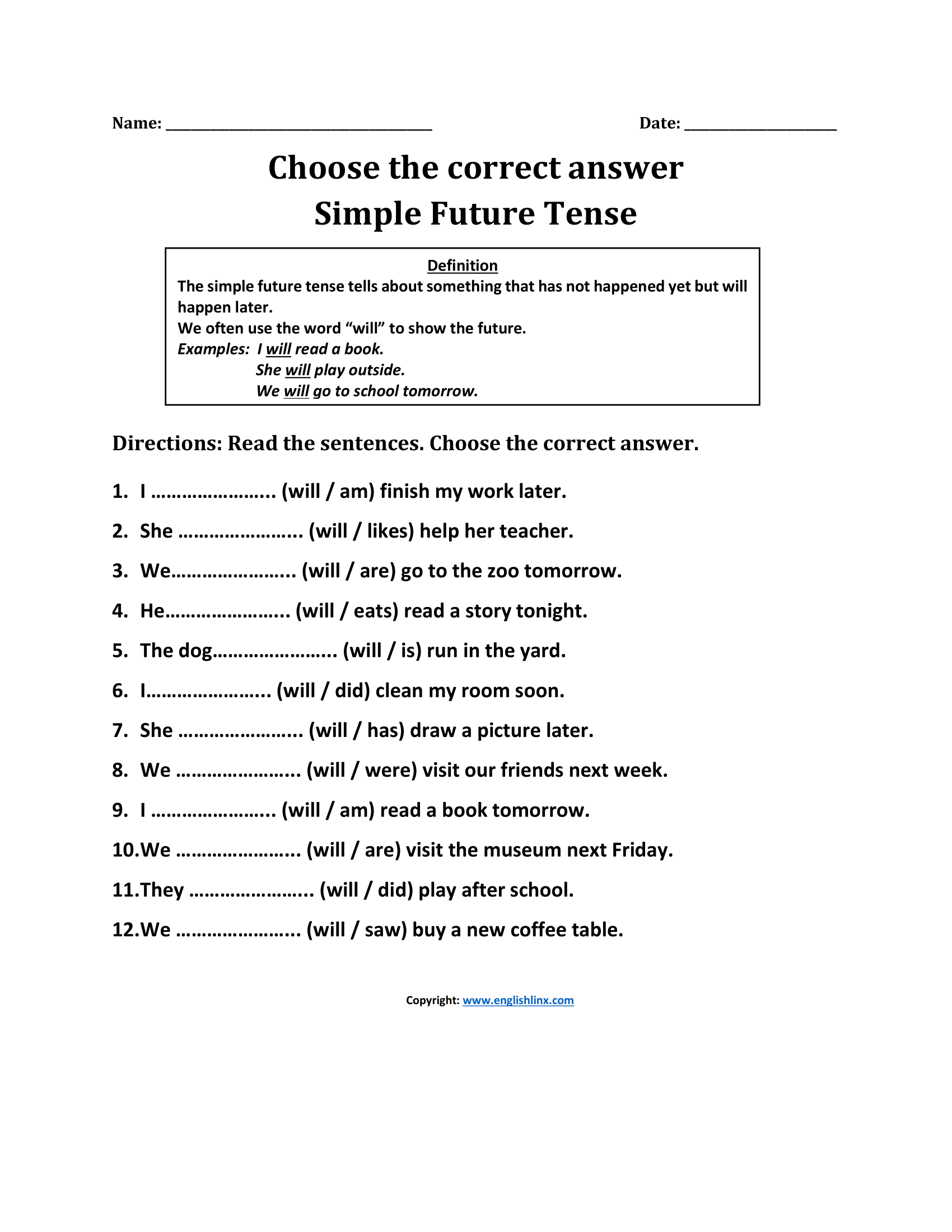Choose Correct Answer Simple Future Tense Worksheets