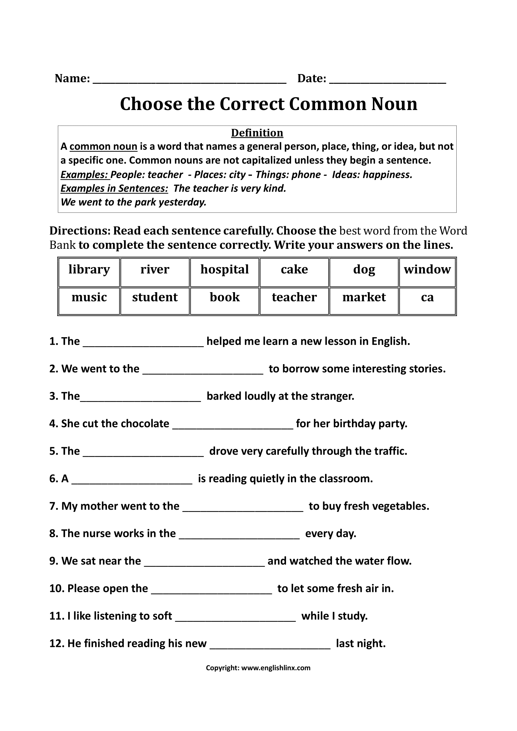 Common Noun Worksheets | Choose the Correct Common Noun Worksheet