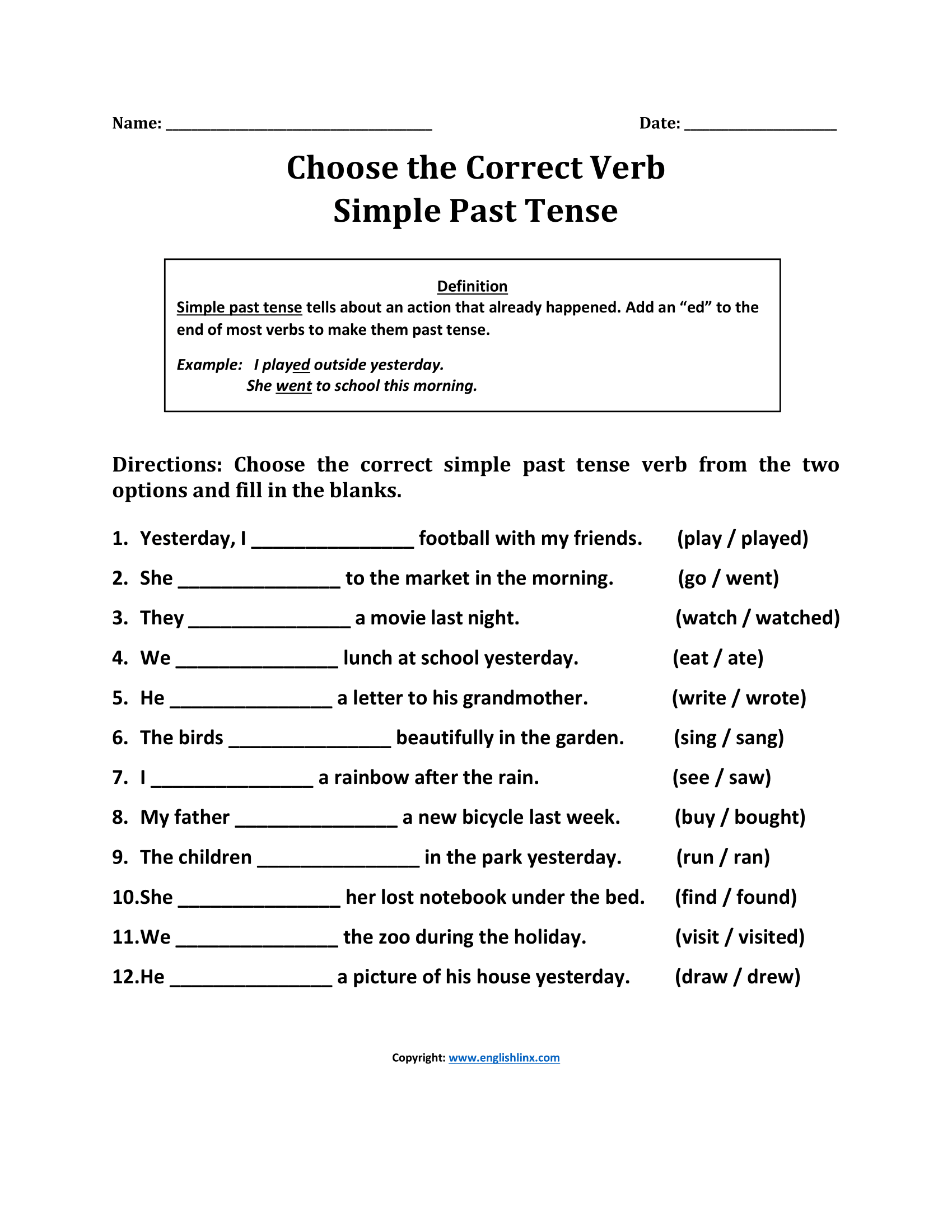 Simple Past Tense Worksheets | Choose the Correct Verb