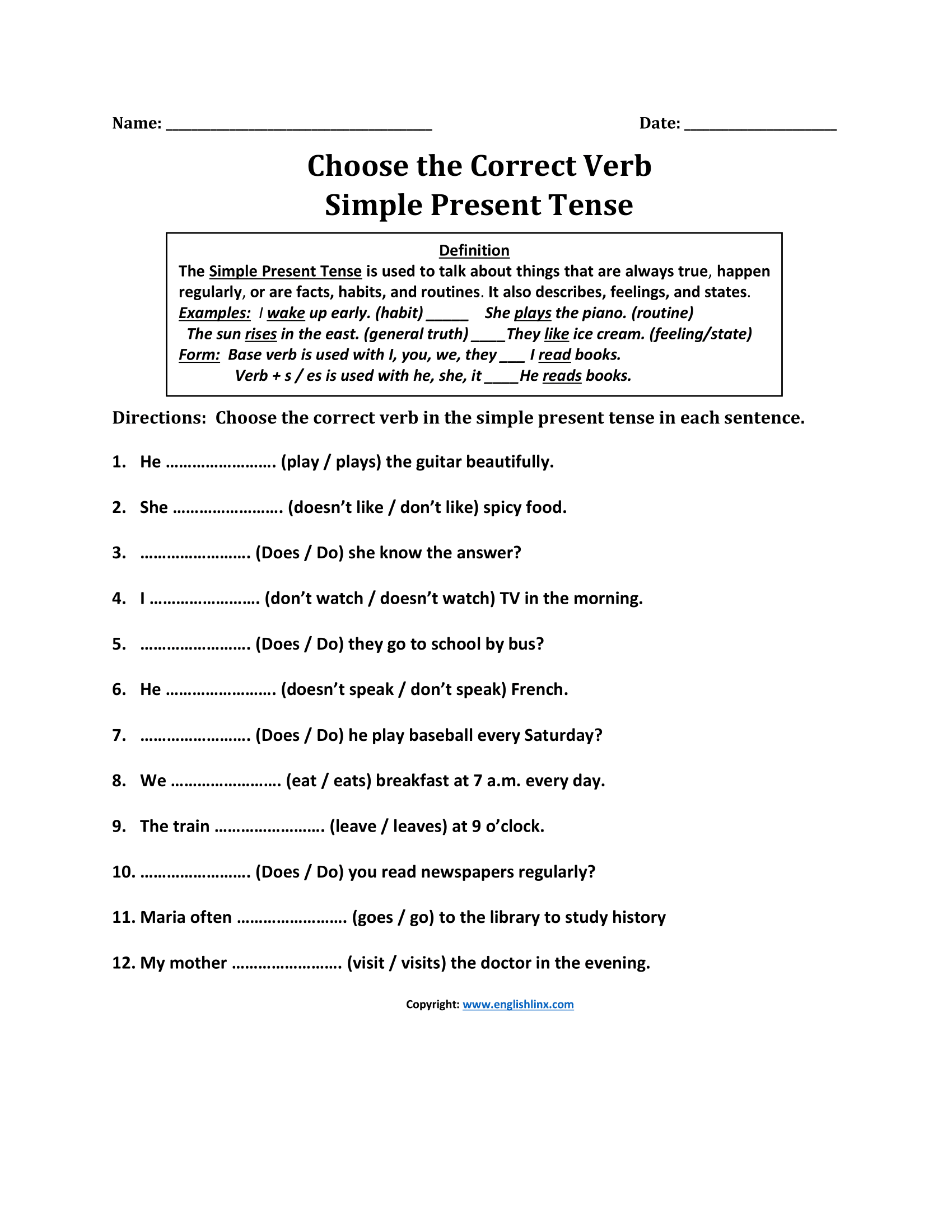 Simple Present Tense Worksheet | Choose the Correct Verb