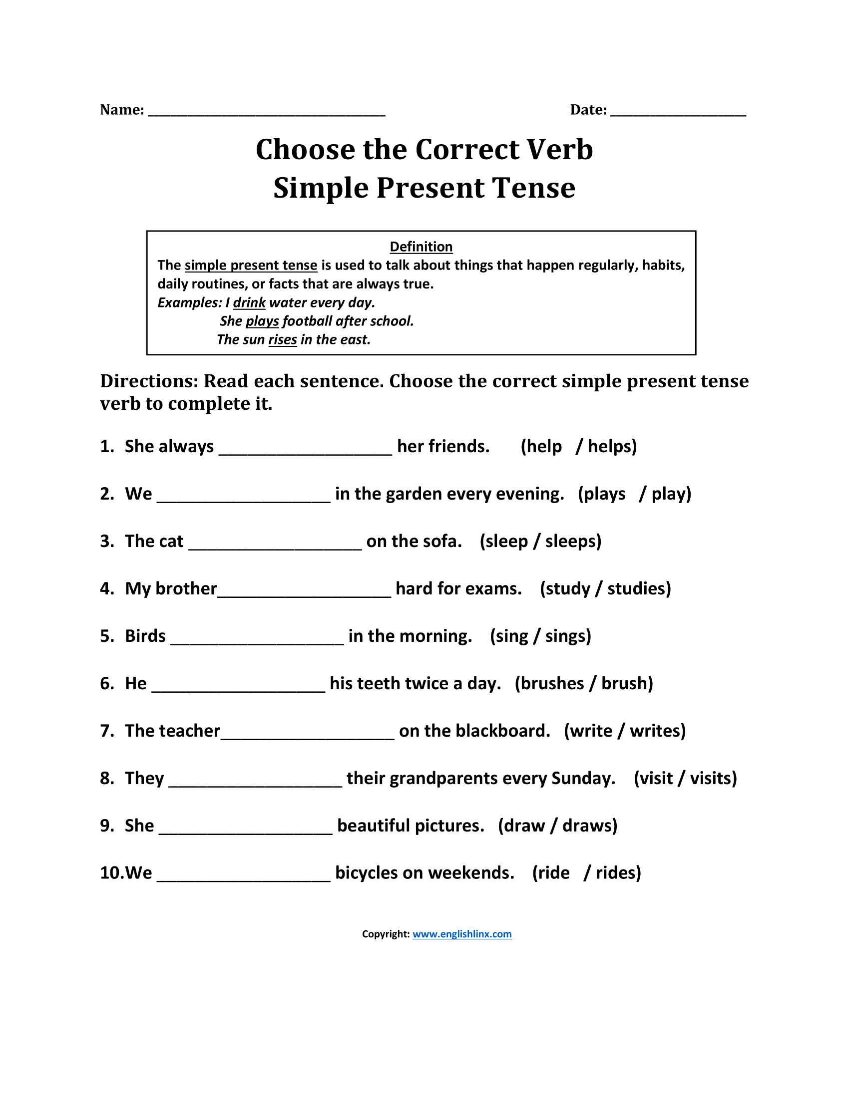 Choose the Correct Verb Simple Present Tense Worksheets