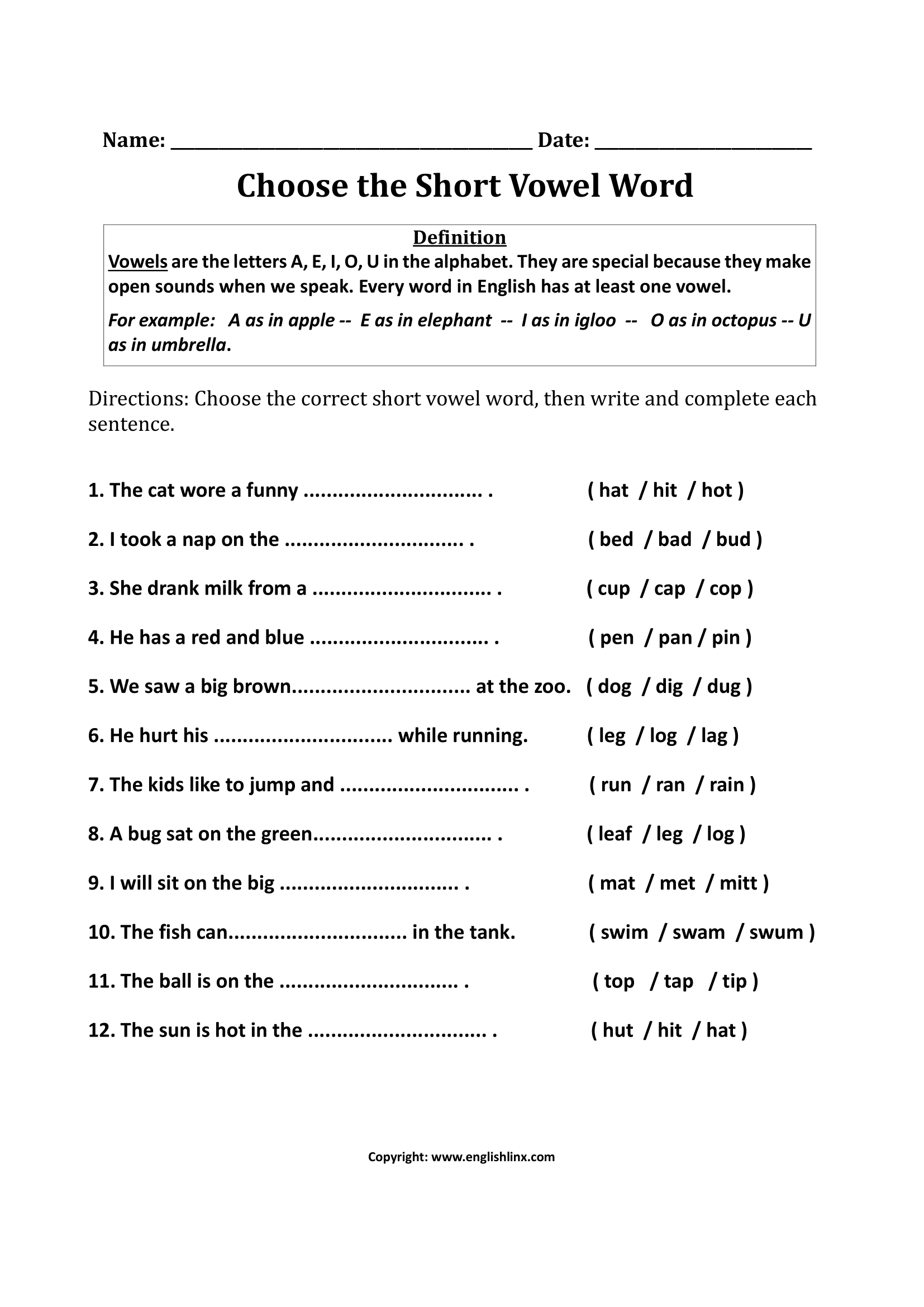 Vowels Worksheets | Printable Long and Short Vowel Phonics Practice