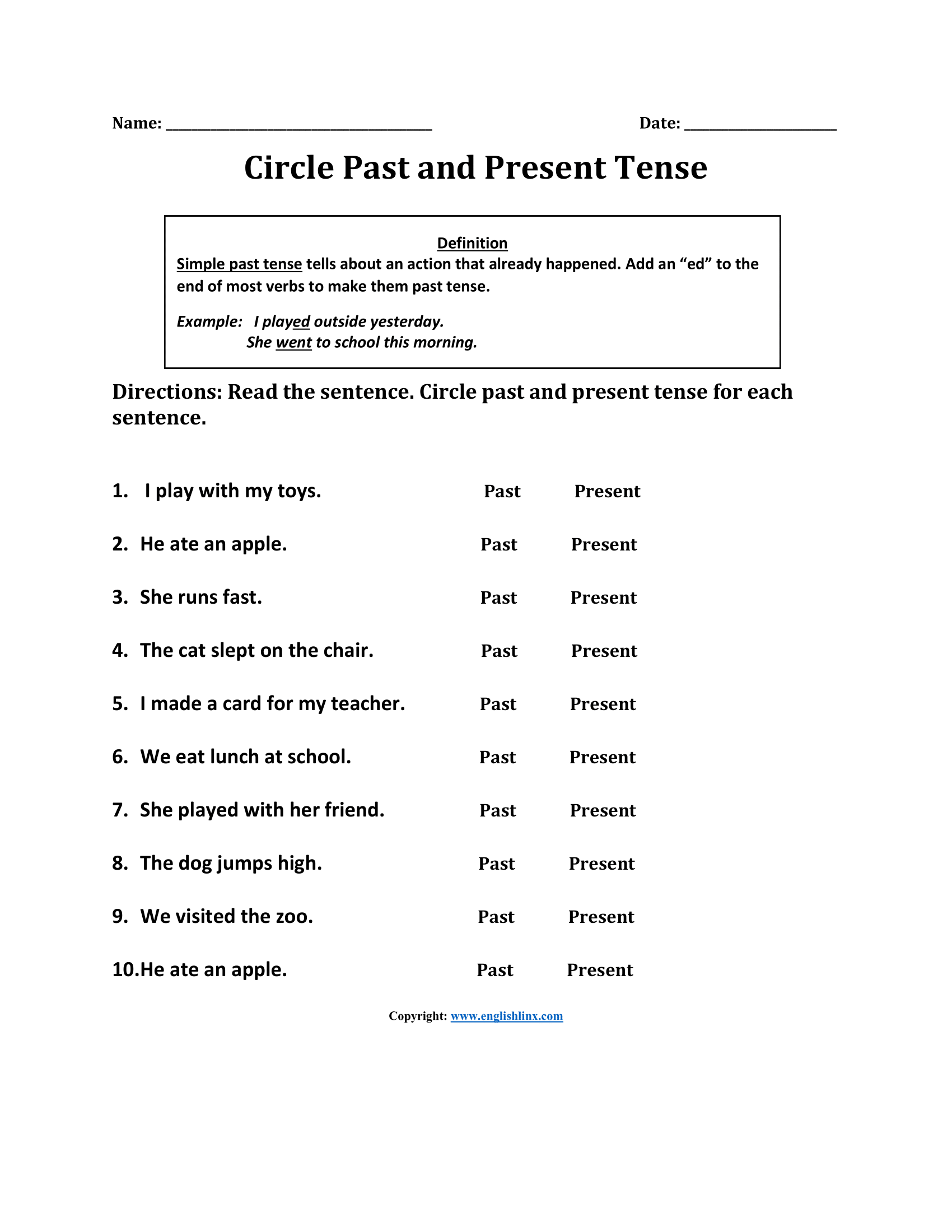 Simple Past Tense Worksheets | Circle Past and Present Tense