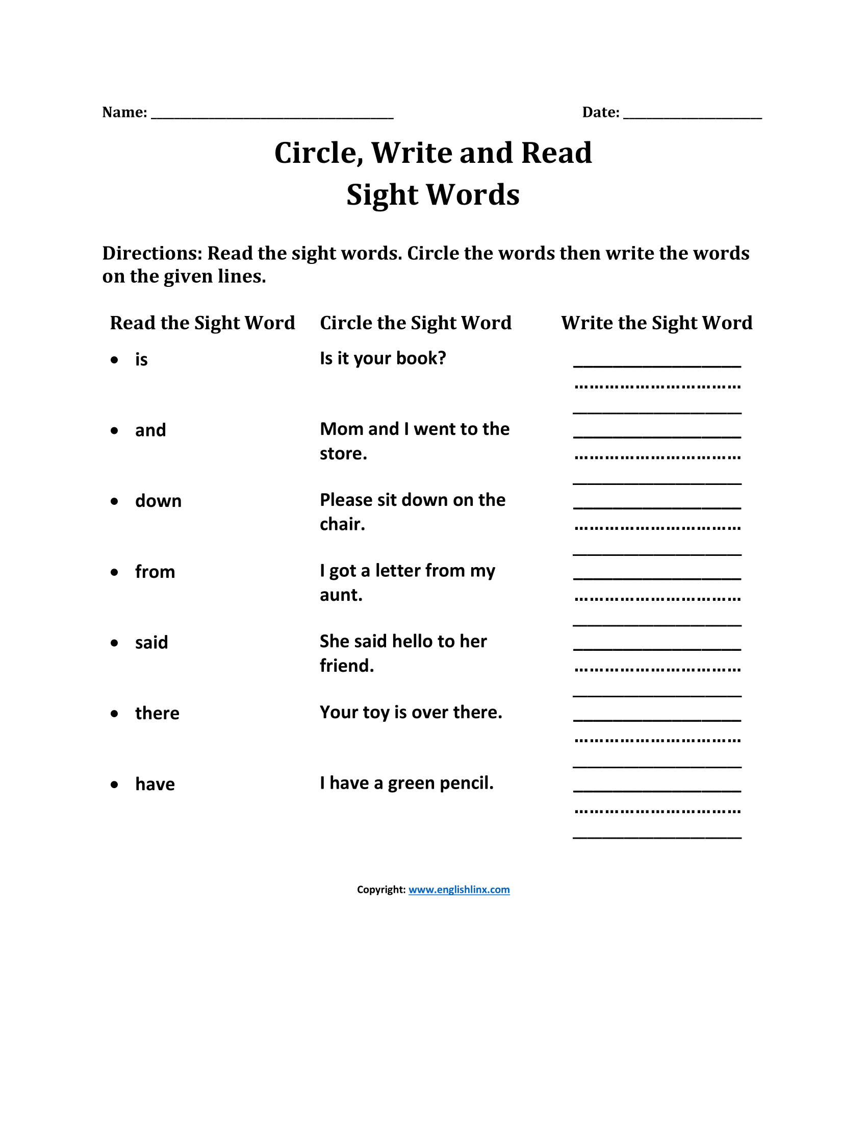 Sight Words Worksheets | Printable Sight Word Practice by Grade